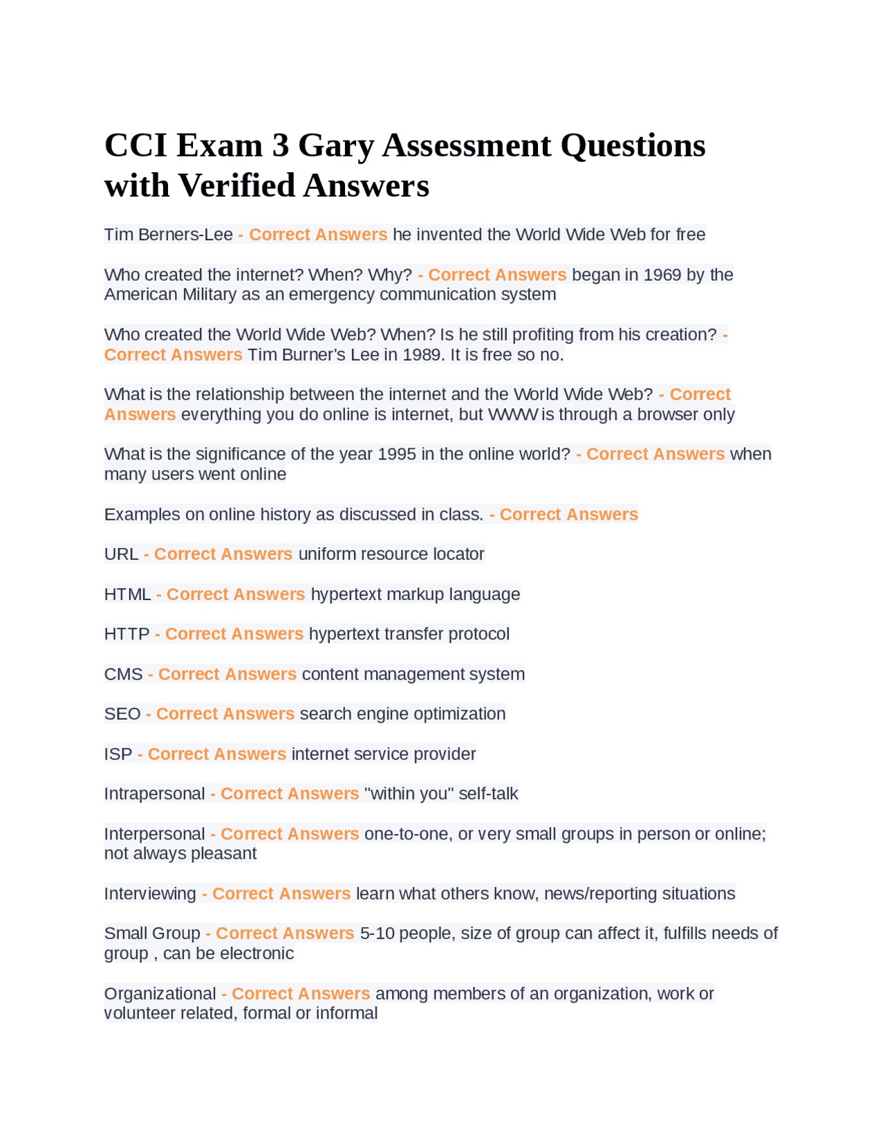 CCI Exam 3 Gary Assessment Questions with Verified Answers | Exams ...