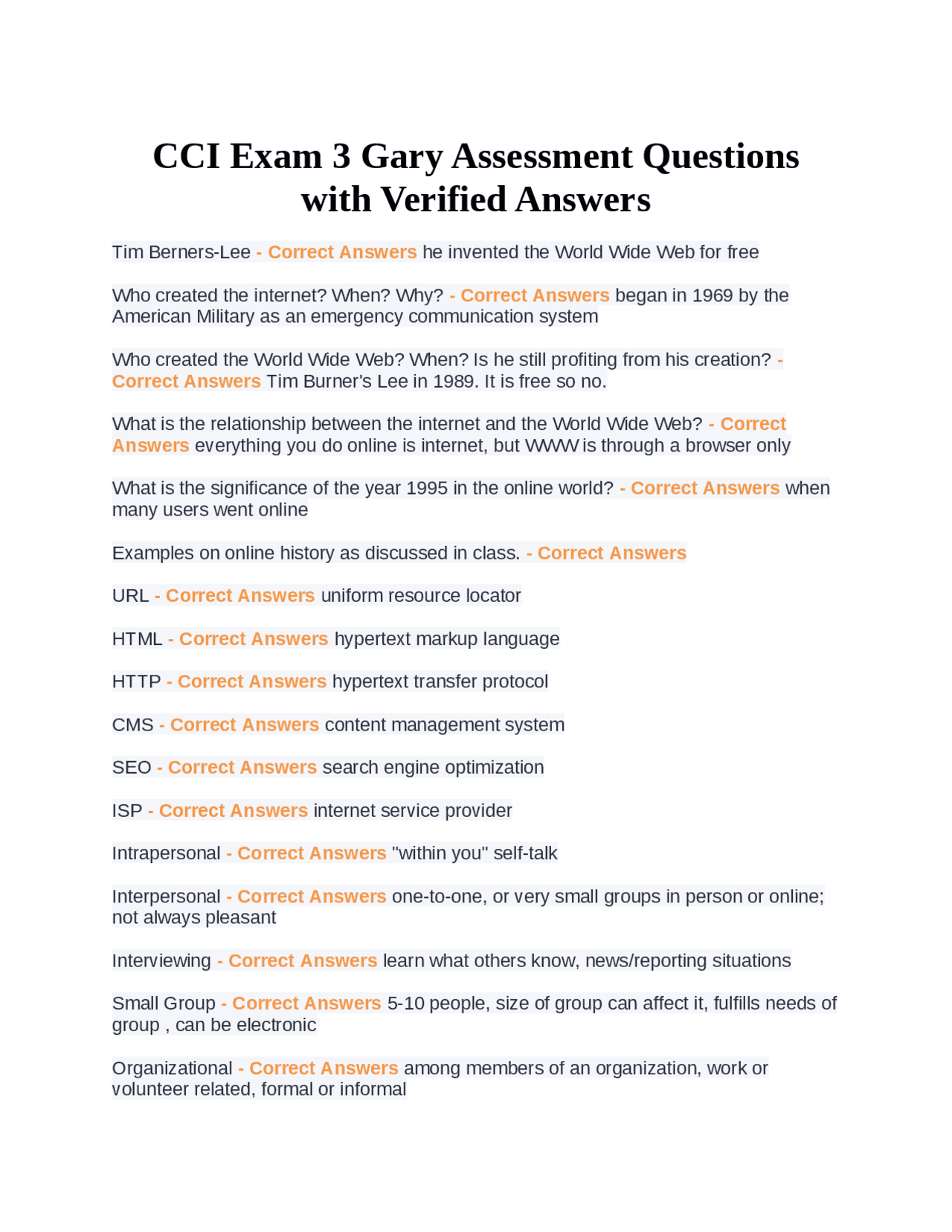 CCI Exam 3 Gary Assessment Questions with Verified Answers | Exams ...
