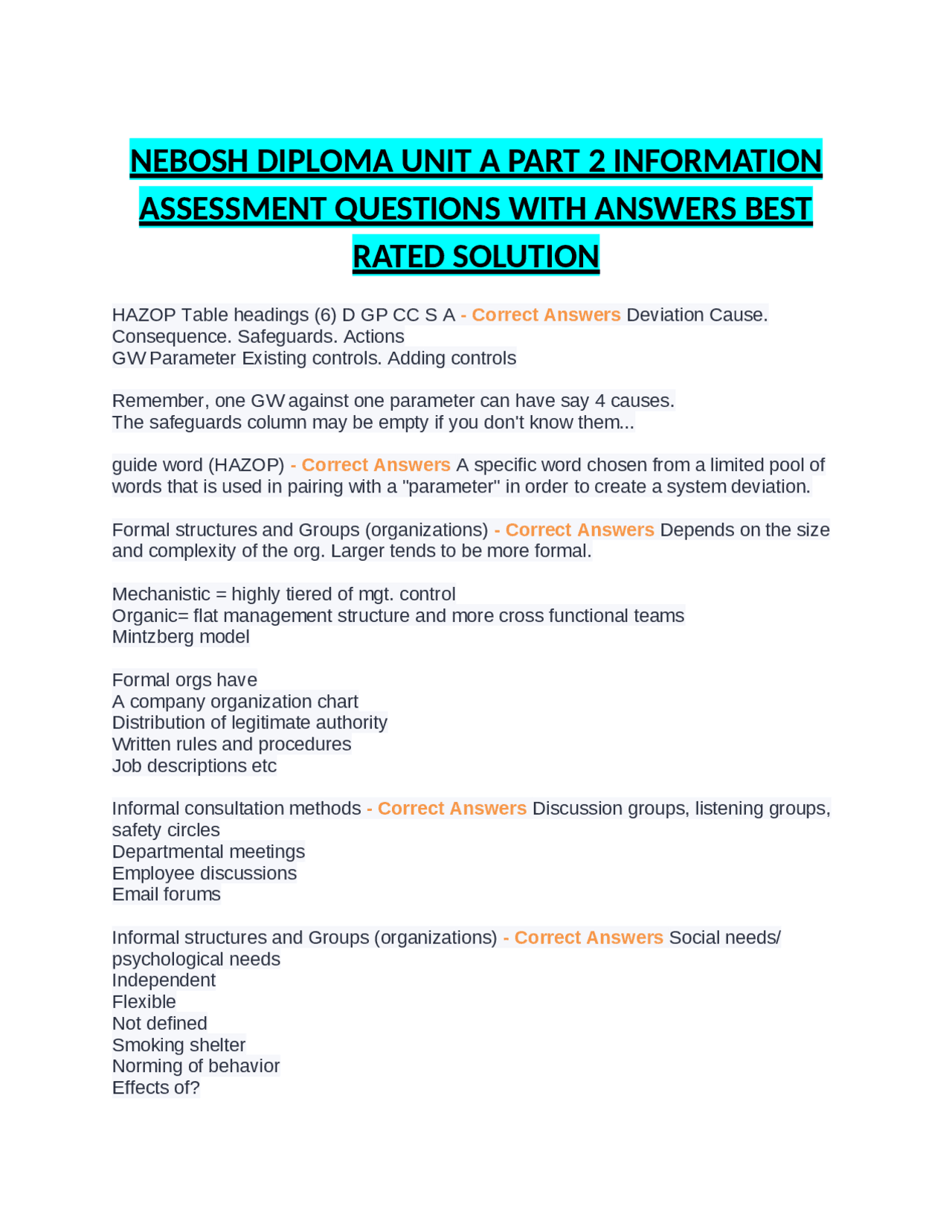 NEBOSH DIPLOMA UNIT A PART 2 INFORMATION ASSESSMENT QUESTIONS WITH ...