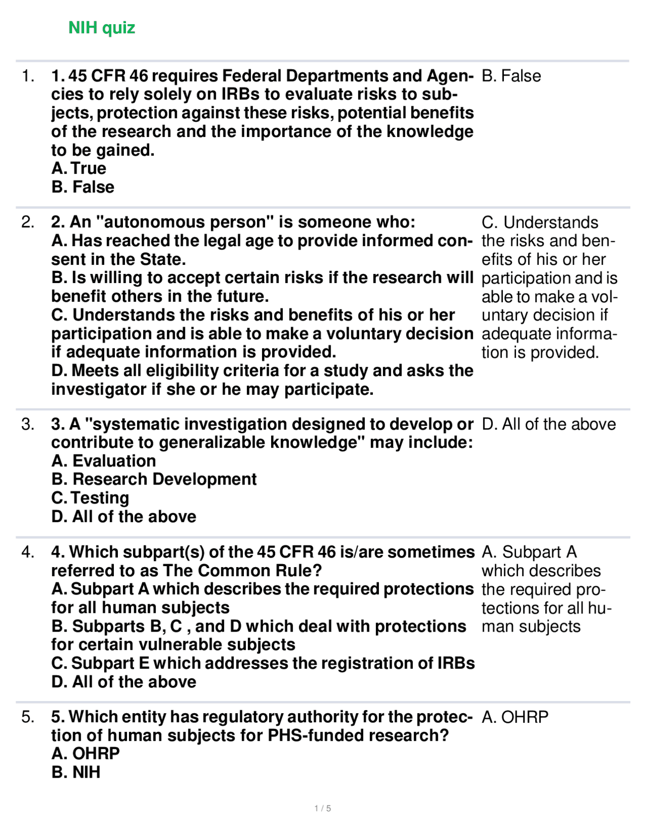 NIH quiz and Answers latest 2024 | Quizzes Nursing | Docsity