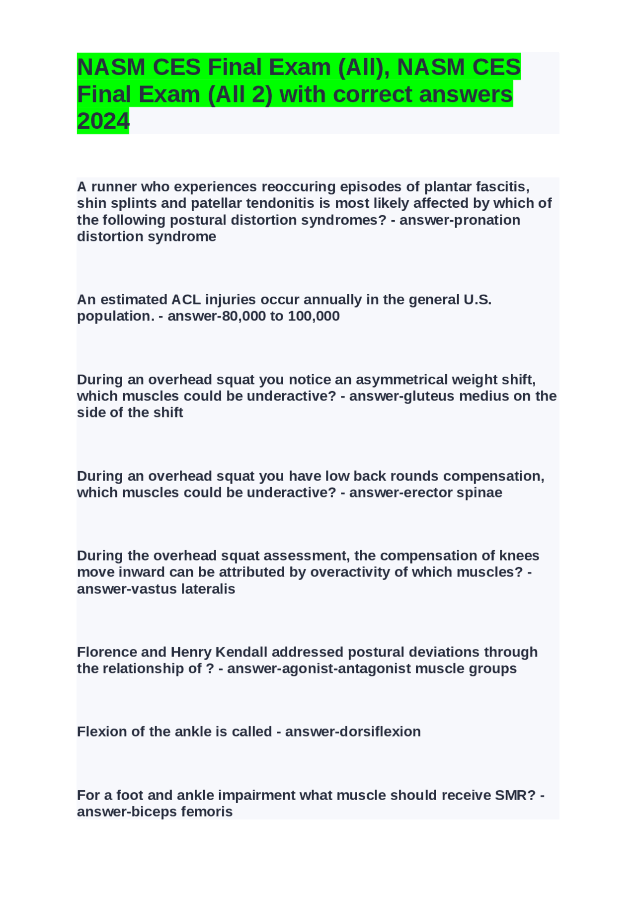 NASM CES Final Exam (All), NASM CES Final Exam (All 2) with correct ...