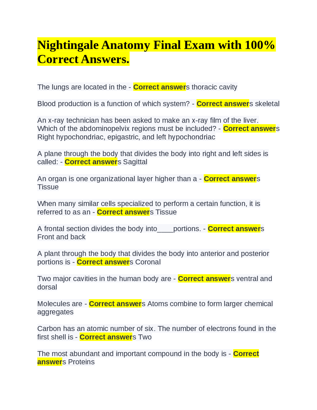 Anatomy and Physiology: Correct Answers for Multiple Choice Questions ...