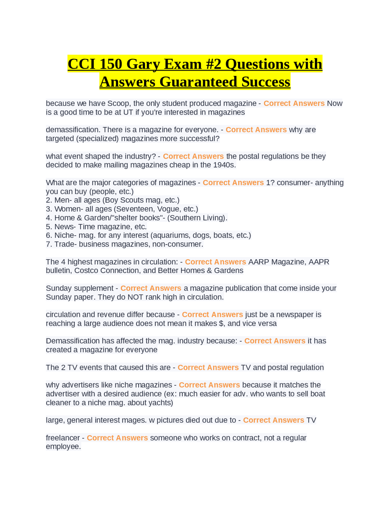 CCI 150 Gary Exam #2 Questions with Answers Guaranteed Success | Exams ...