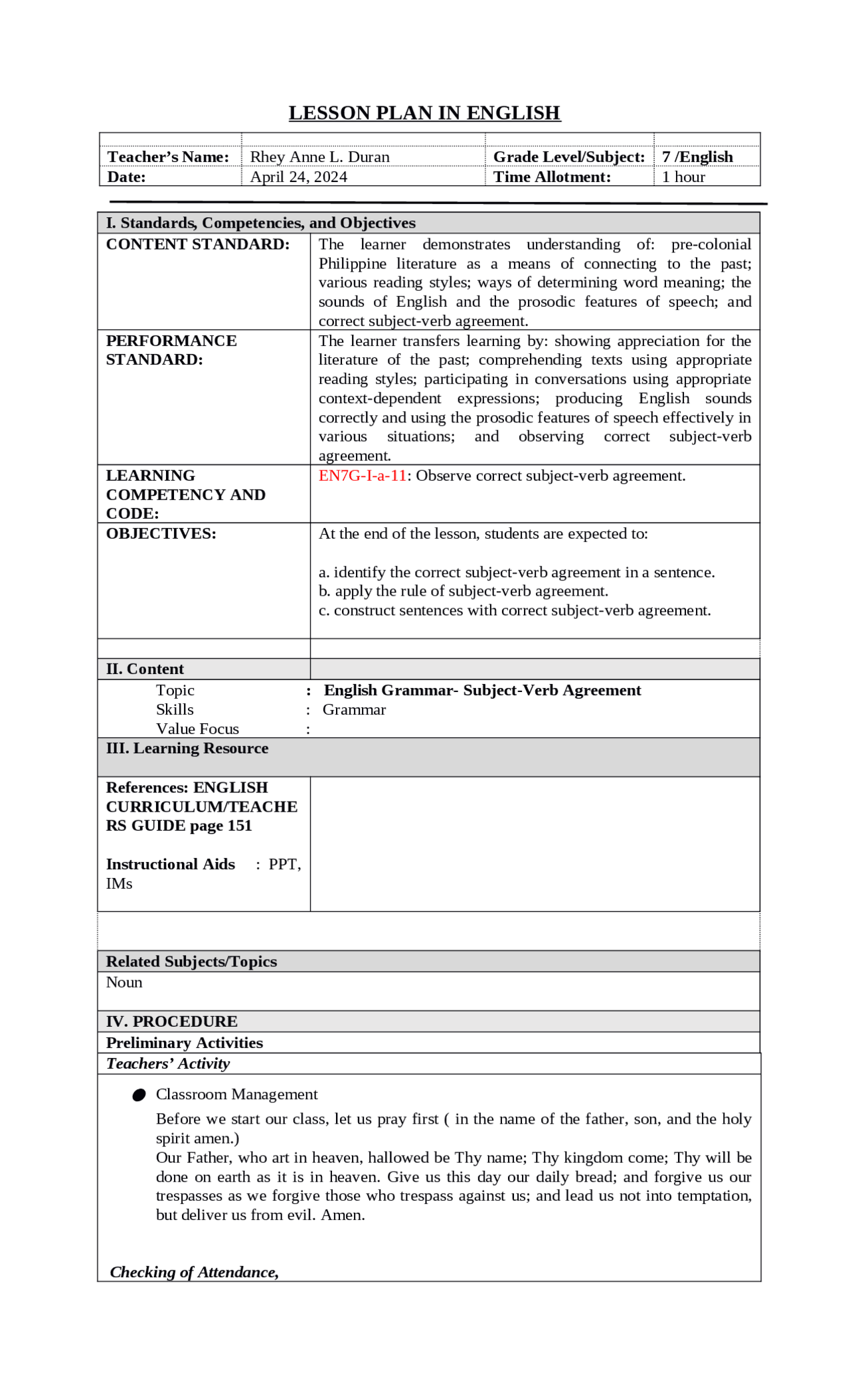 Lesson Plan on Subject-Verb Agreement in English | Schemes and Mind ...