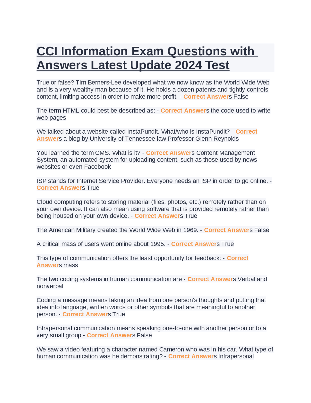 CCI Information Exam Questions with Answers Latest Update 2024 Test ...