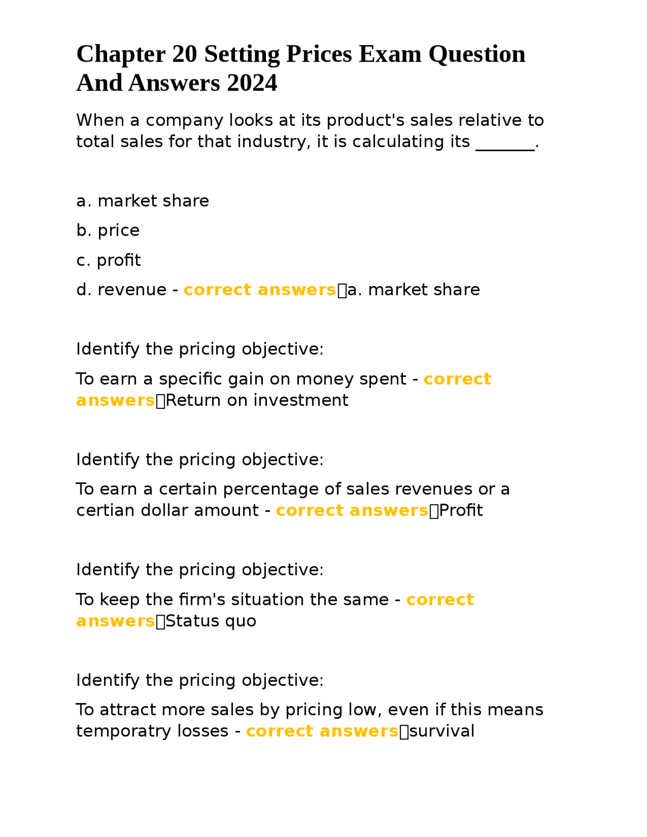 Chapter 20 Setting Prices Exam Question And Answers 2024 | Exams ...