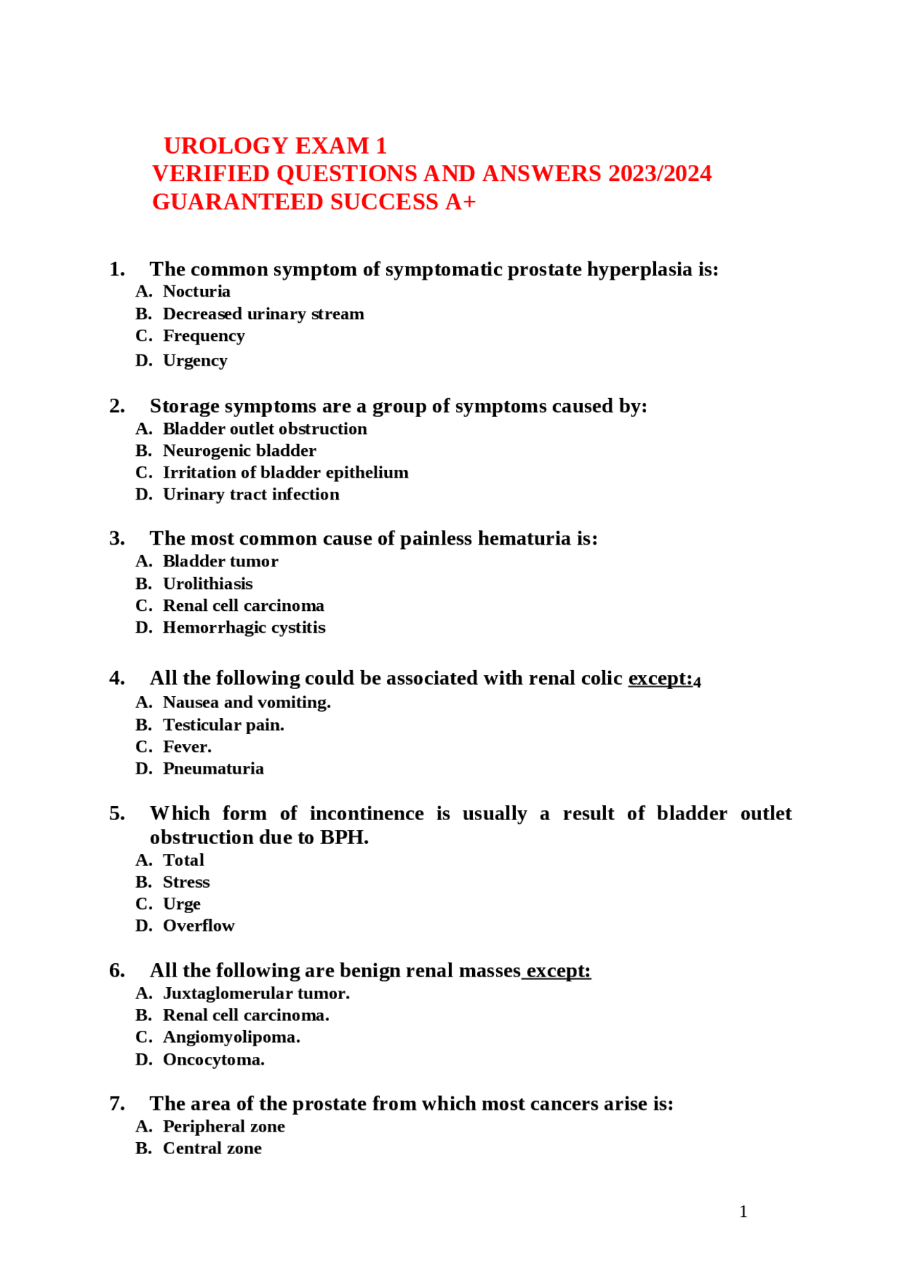 UROLOGY EXAM 1 VERIFIED QUESTIONS AND ANSWERS 2023/2024 GUARANTEED ...