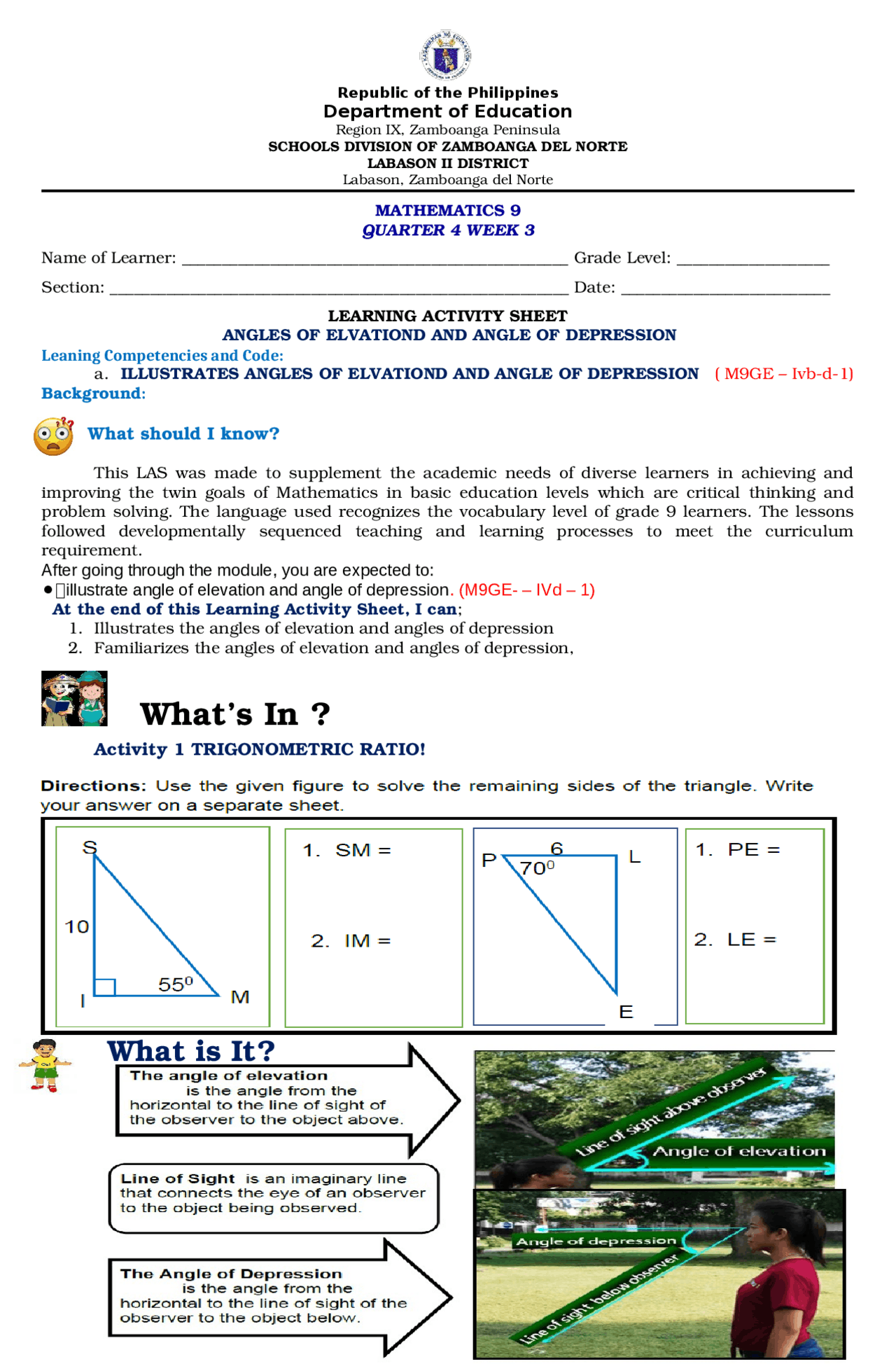 Angles of Elevation and Depression in Mathematics | Lecture notes Law ...