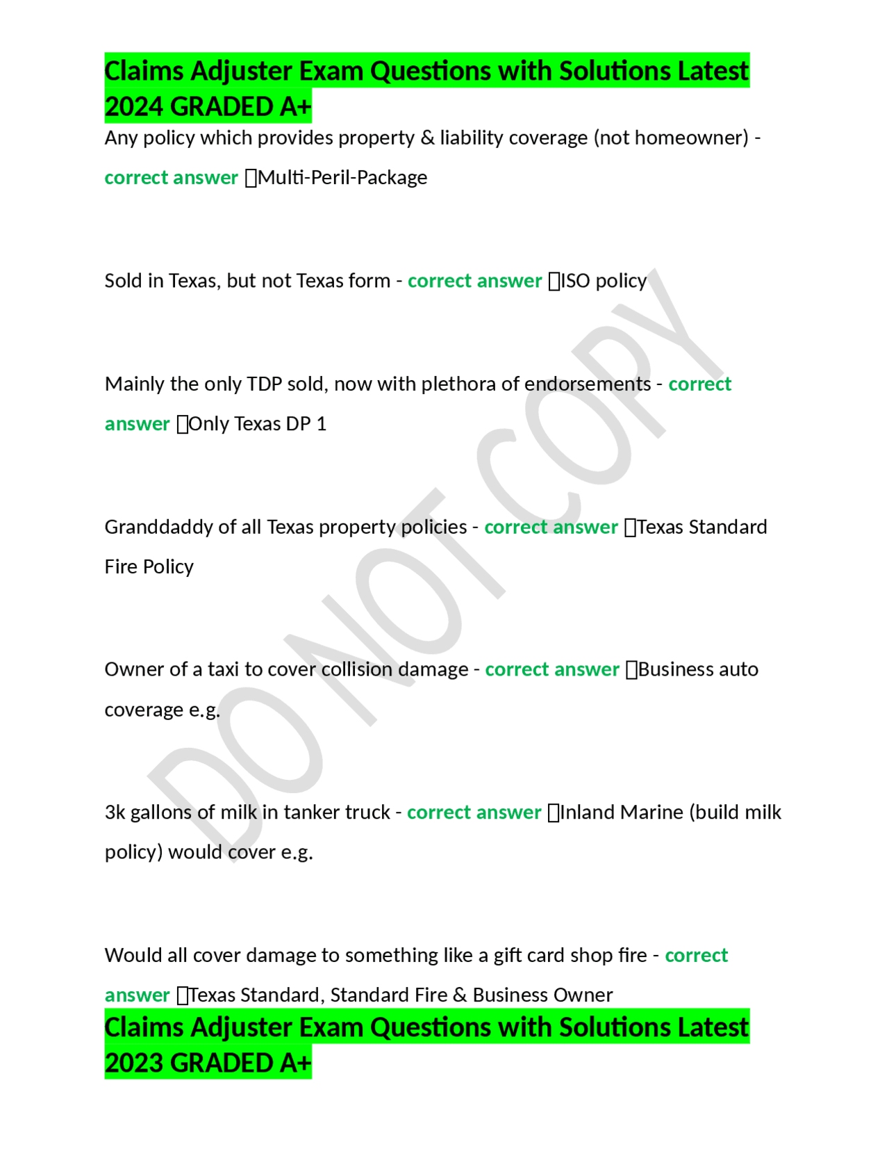 Claims Adjuster Exam Questions with Solutions Latest 2024 GRADED A+ ...