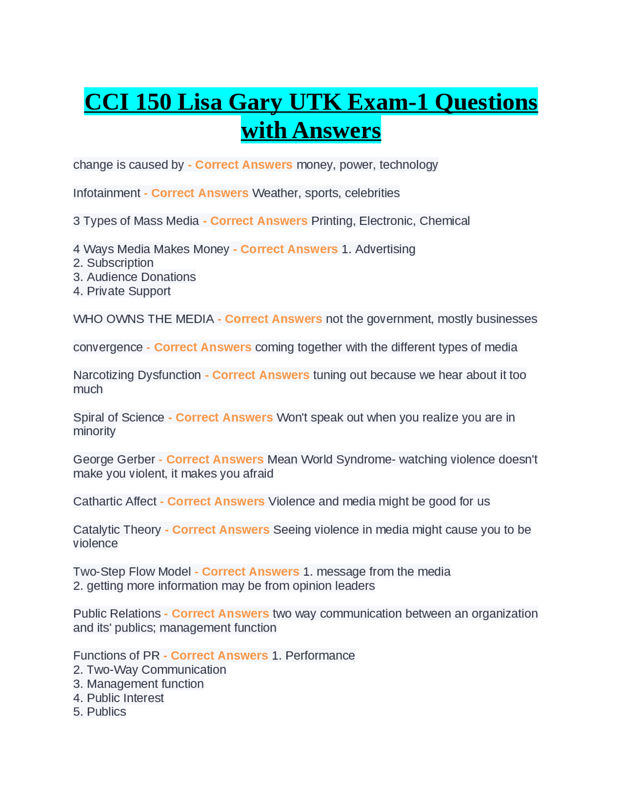 CCI 150 Lisa Gary UTK Exam-1 Questions with Answers | Exams Nursing ...