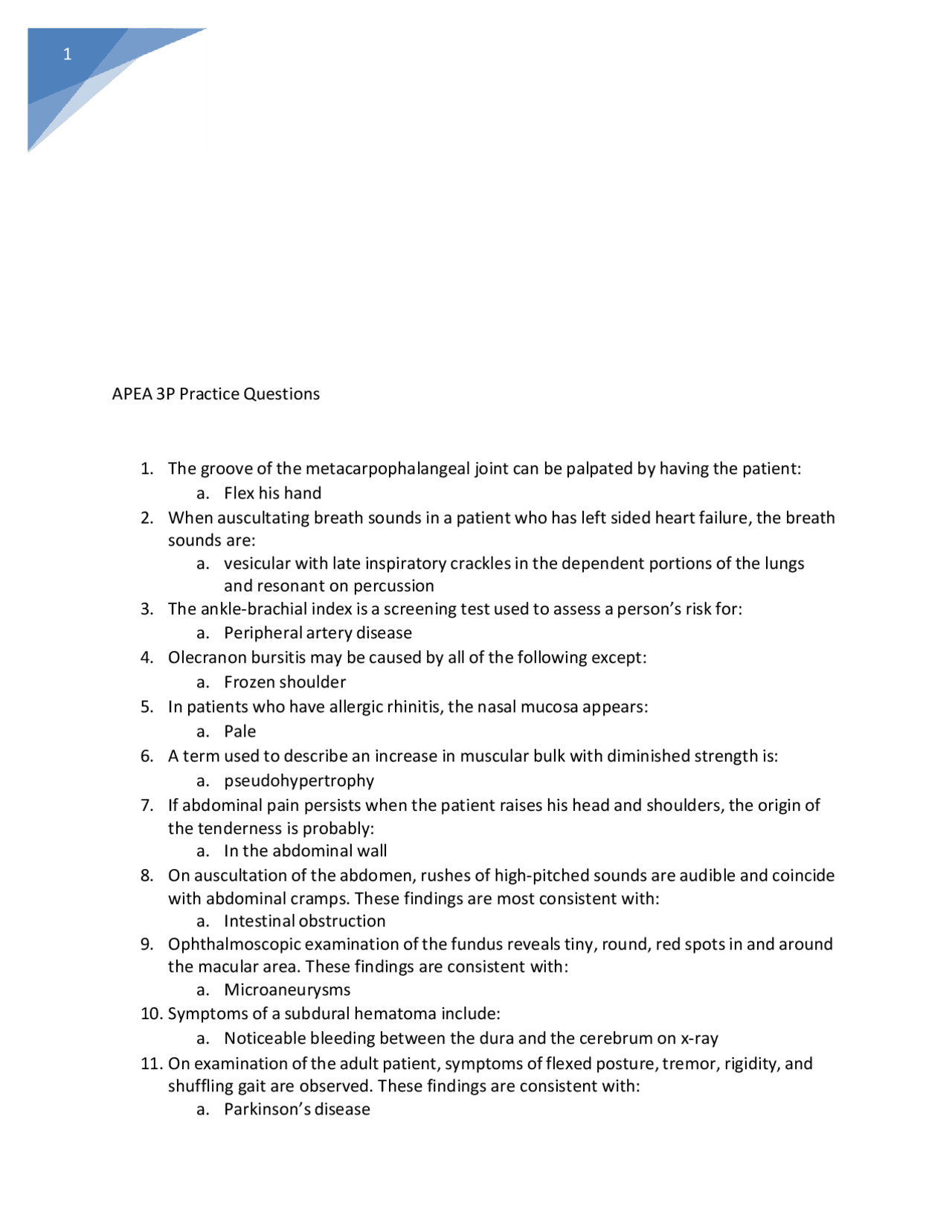 APEA 3P PRACTICE QBANK WITH ANSWERS GRADED A+ | Exams Nursing | Docsity