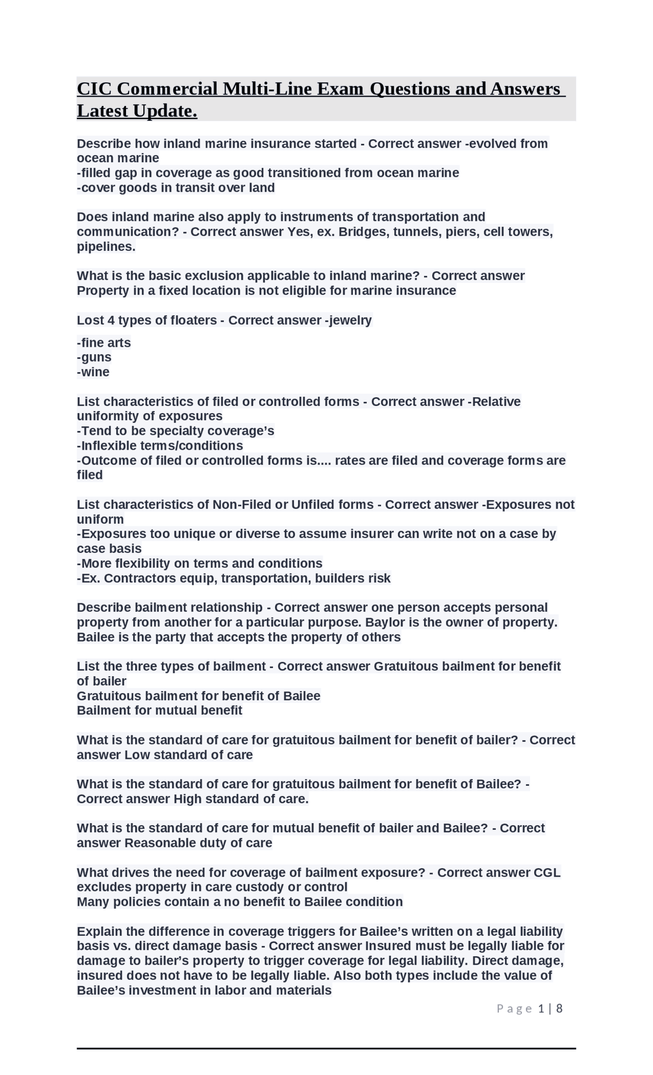 CIC Commercial Multi-Line Insurance Exam Questions and Answers | Exams ...