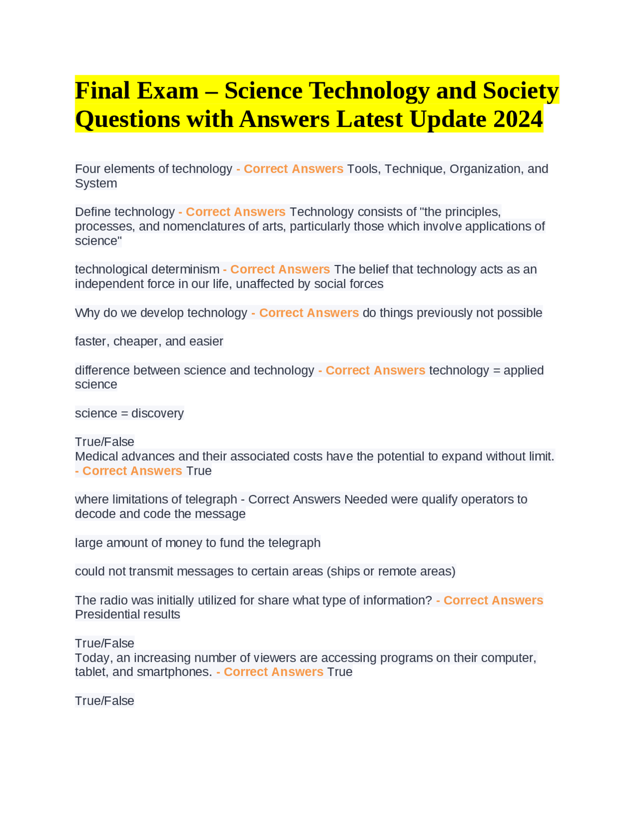 Final Exam – Science Technology and Society Questions with Answers ...