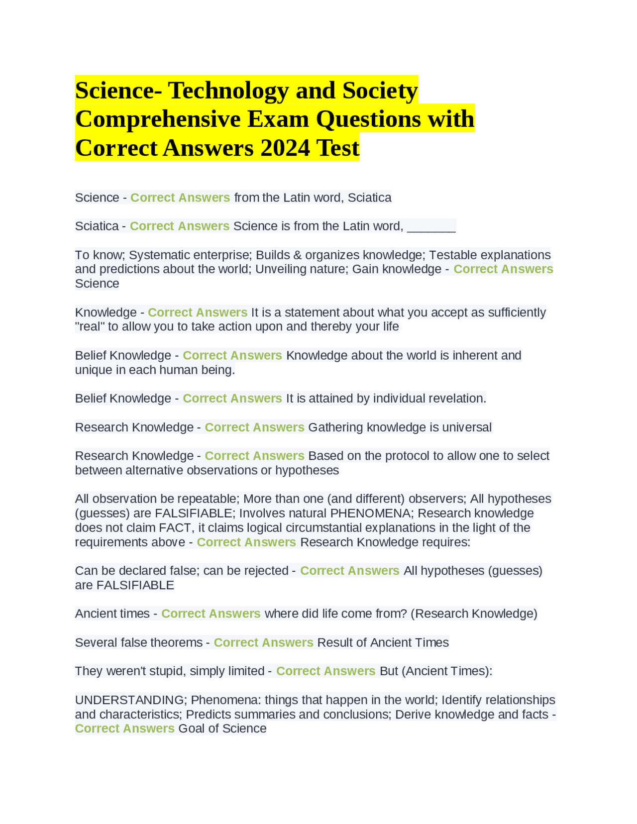 Science- Technology and Society Comprehensive Exam Questions with ...