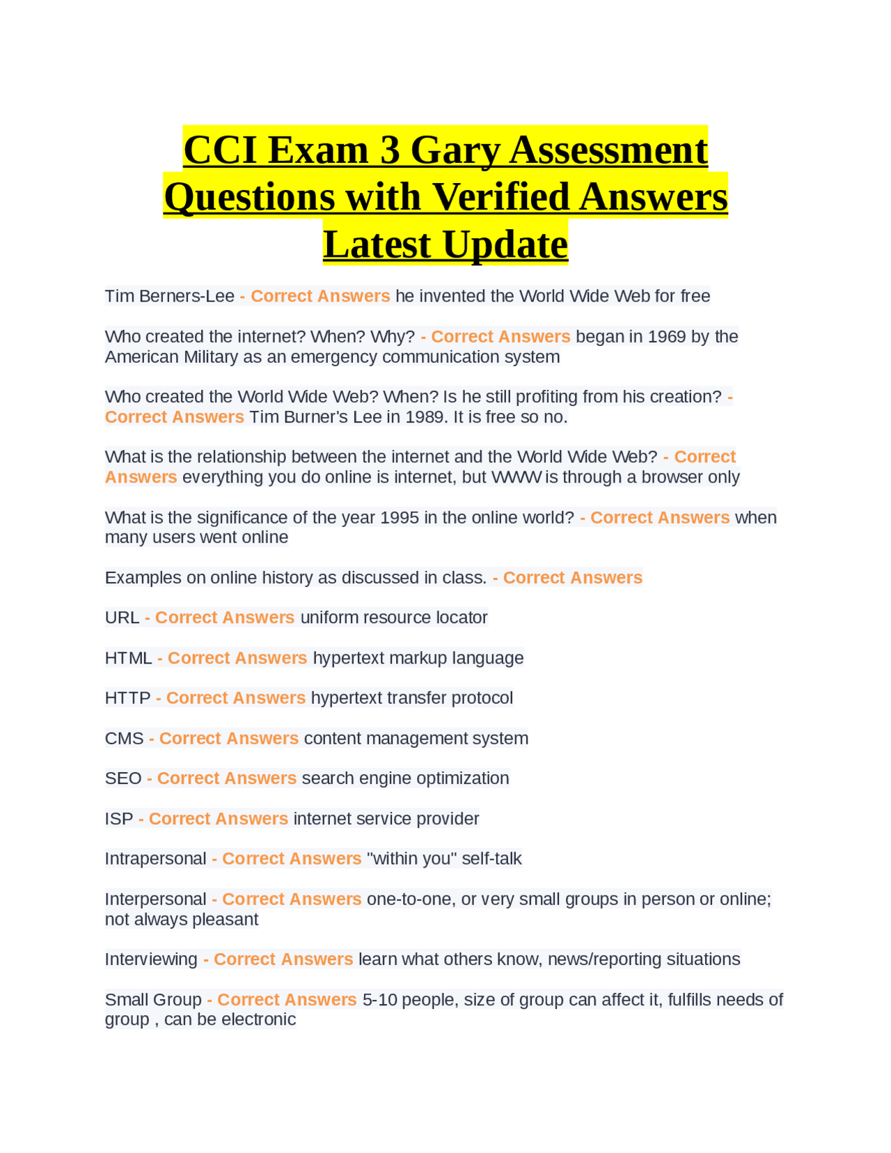 CCI Exam 3 Gary Assessment Questions with Verified Answers Latest ...