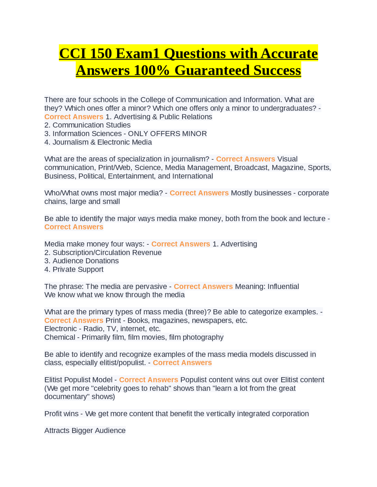 CCI 150 Exam1 Questions with Accurate Answers 100% Guaranteed Success ...