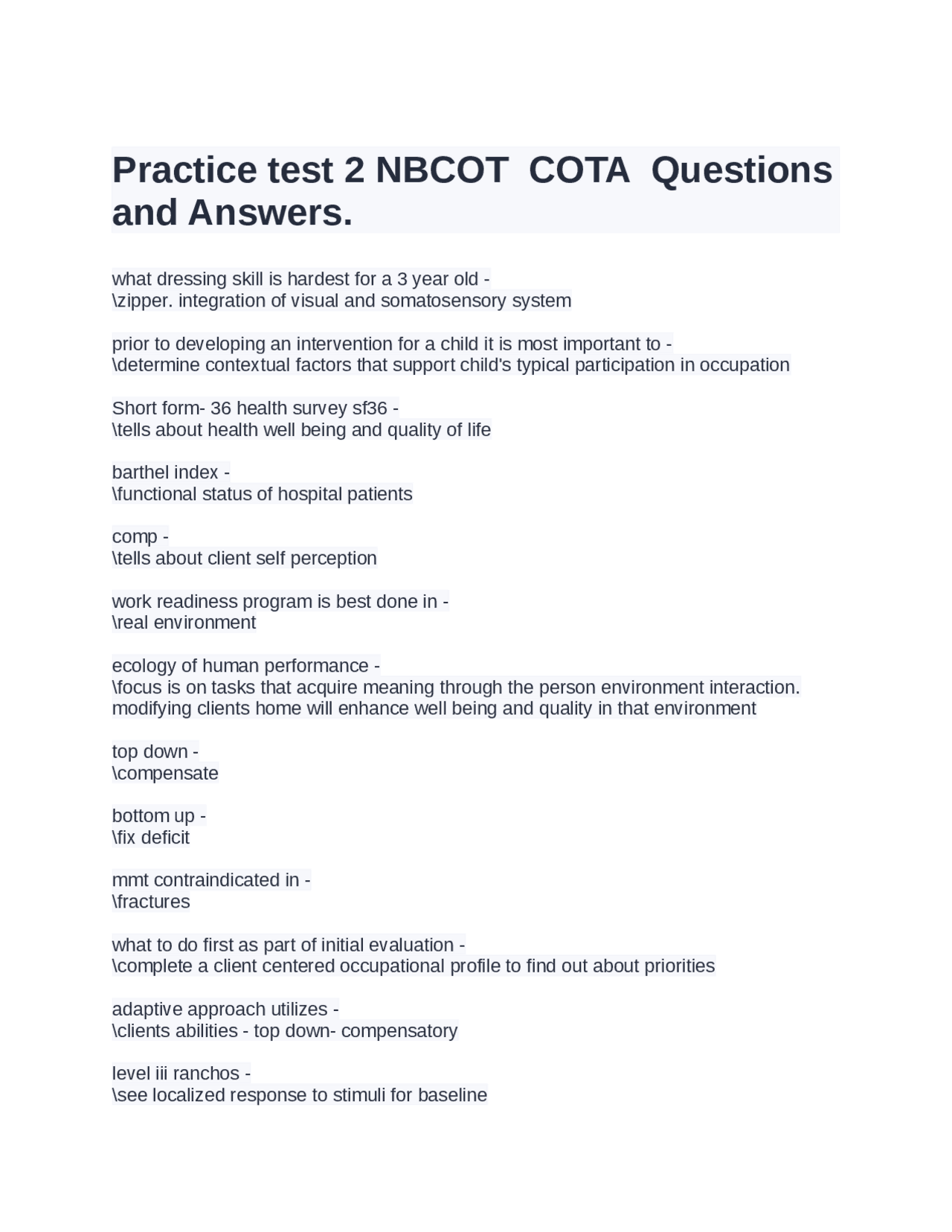 Practice test 2 NBCOT COTA Questions and Answers. | Exams Medicine ...