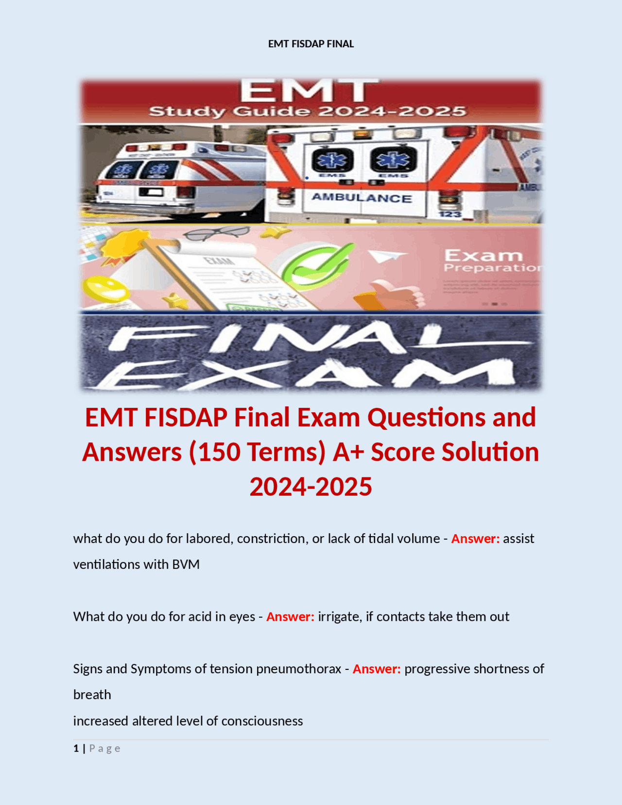 EMT FISDAP Final Exam Questions and Answers (150 Terms) | Exams Nursing ...