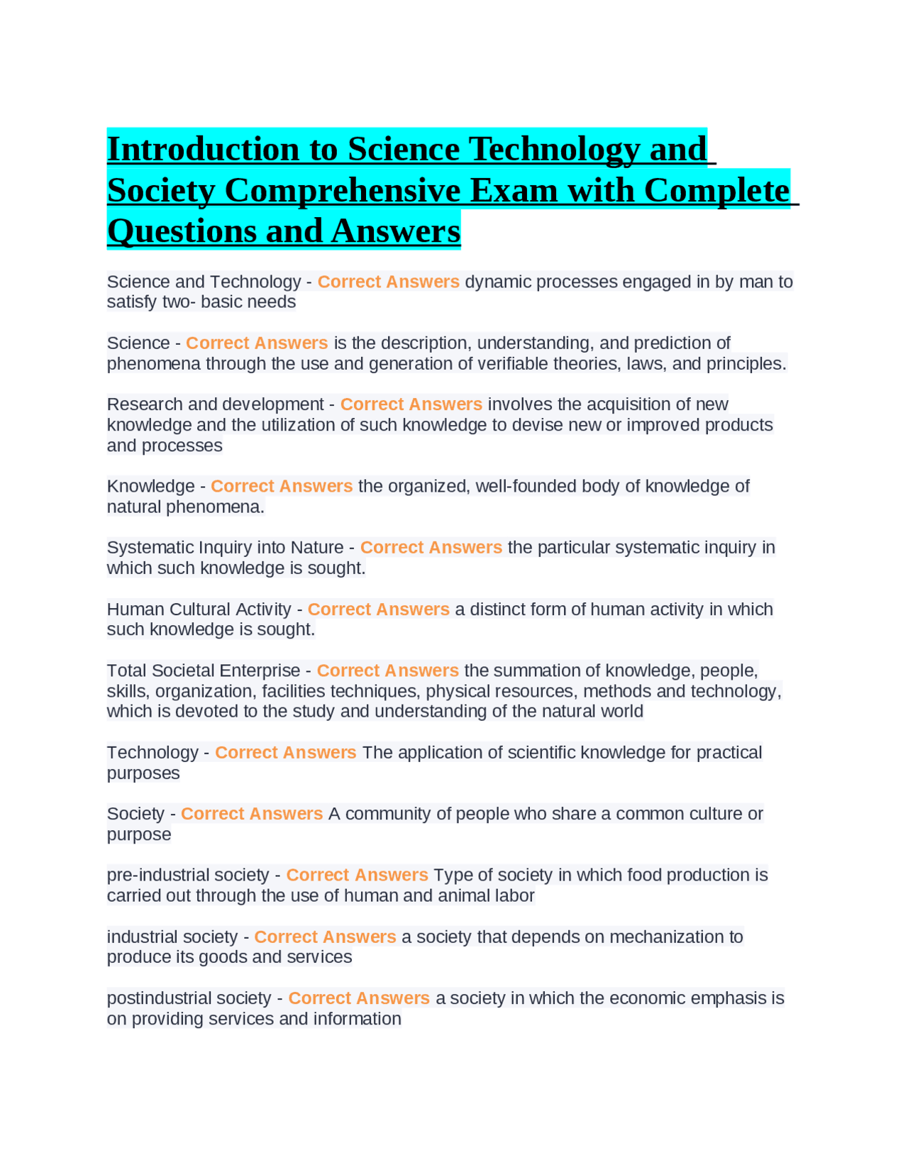 Introduction to Science Technology and Society Comprehensive Exam with ...