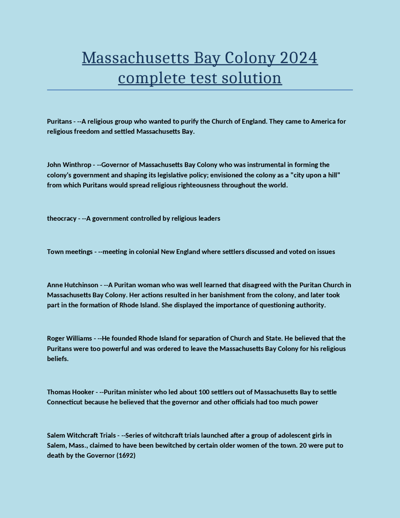 Massachusetts Bay Colony 2024 complete test solution | Exams Real ...