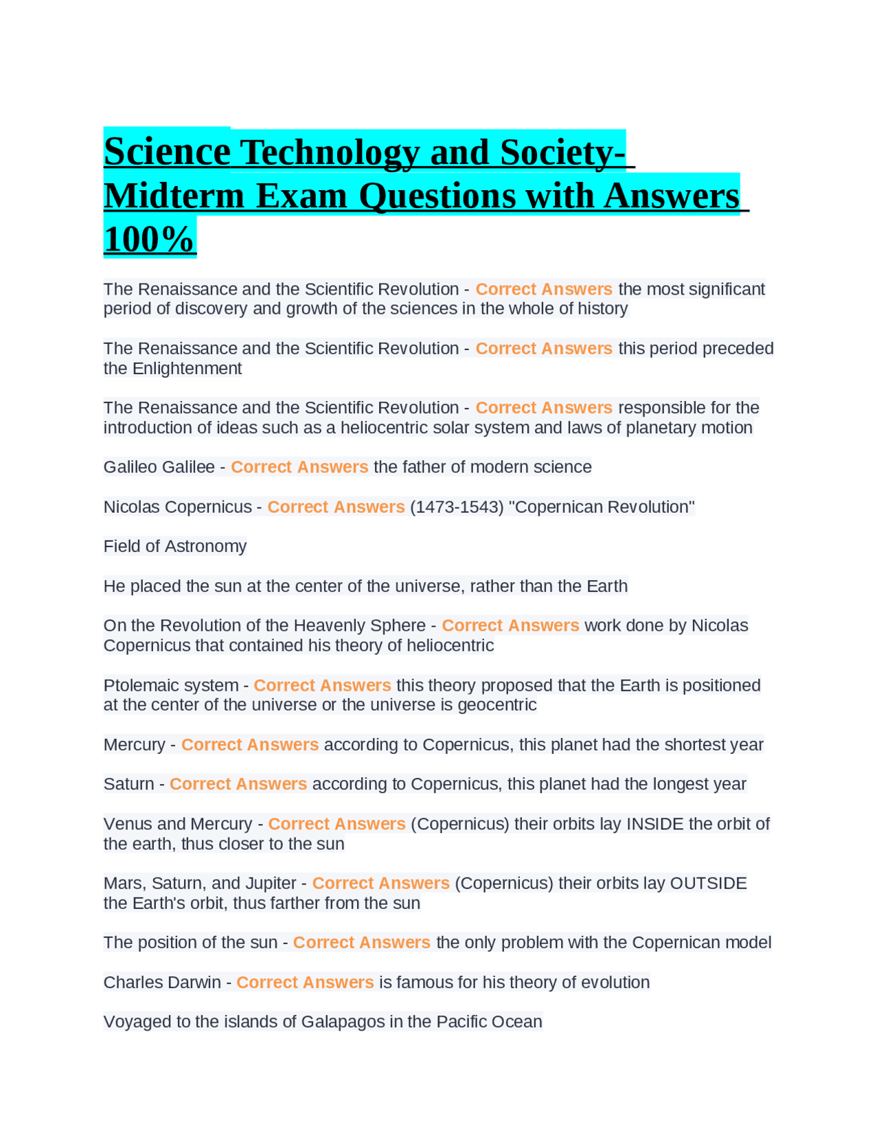 Science Technology and Society- Midterm Exam Questions with Answers 100% | Exams Nursing | Docsity