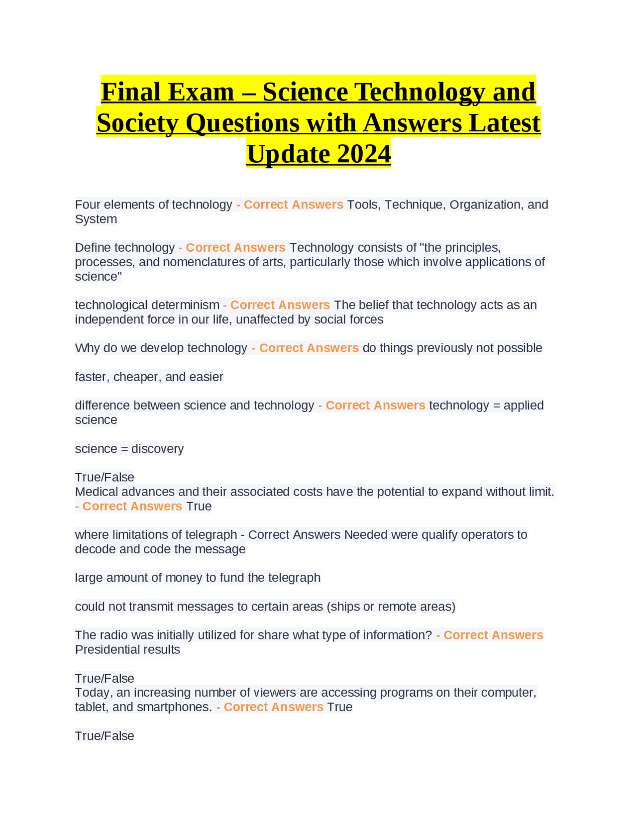 Final Exam – Science Technology and Society Questions with Answers ...
