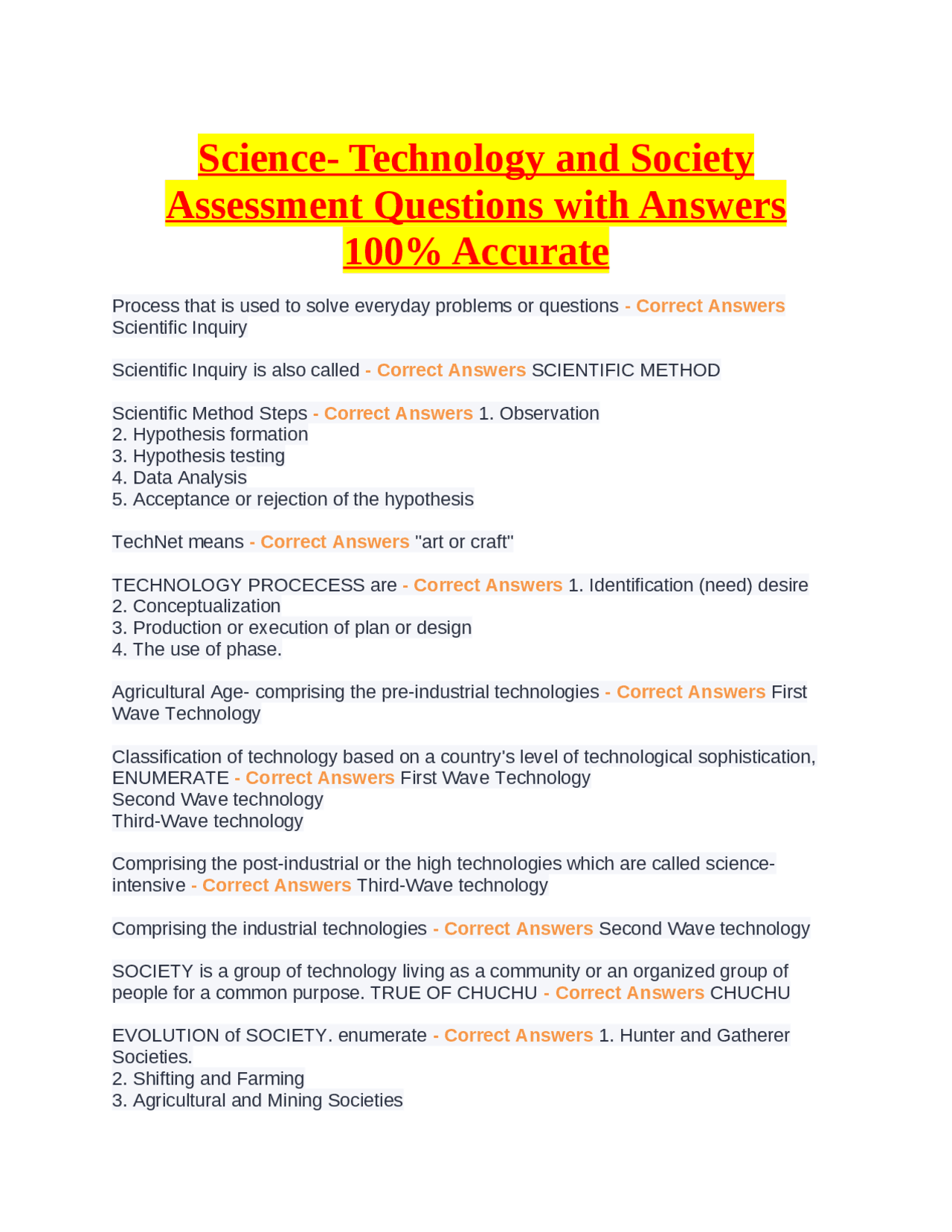 Science- Technology and Society Assessment Questions with Answers 100% Accurate | Exams Nursing ...