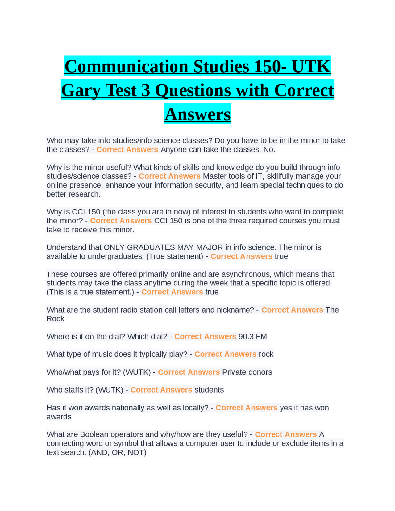Communication Studies 150- UTK Gary Test 3 Questions with Correct ...
