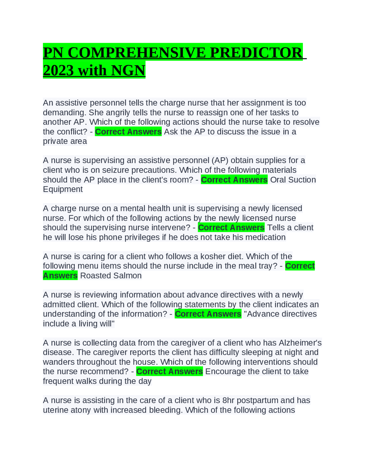 PN COMPREHENSIVE PREDICTOR 2023 with NGN | Exams Medicine | Docsity