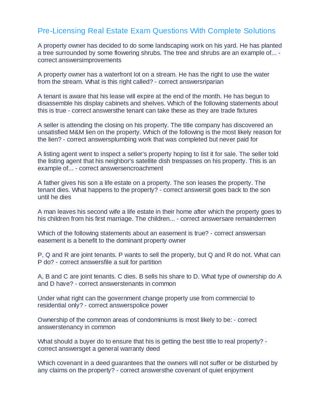 Pre-Licensing Real Estate Exam Questions With Complete Solutions ...