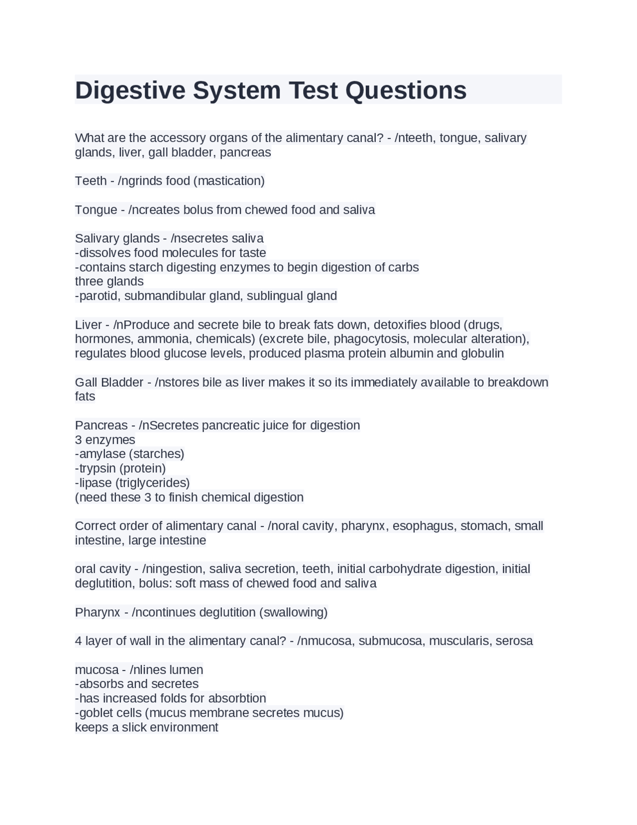 Digestive System Test Questions | Exams Nursing | Docsity