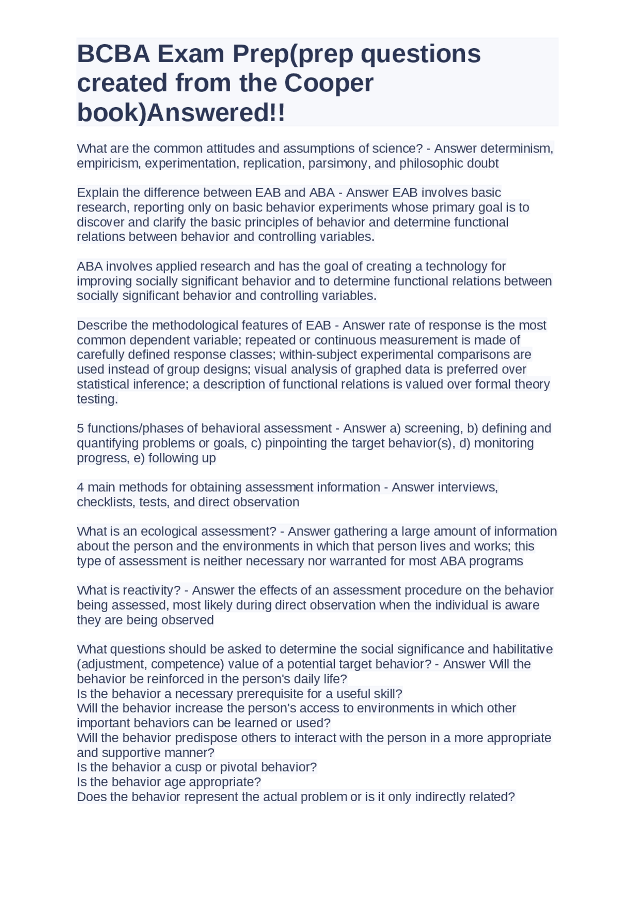 BCBA Exam Prep(prep questions created from the Cooper book)Answered ...