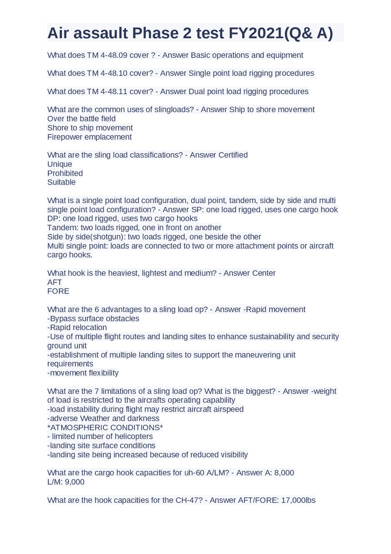 Air assault Phase 2 test FY2021(Q& A). | Exams Nursing | Docsity