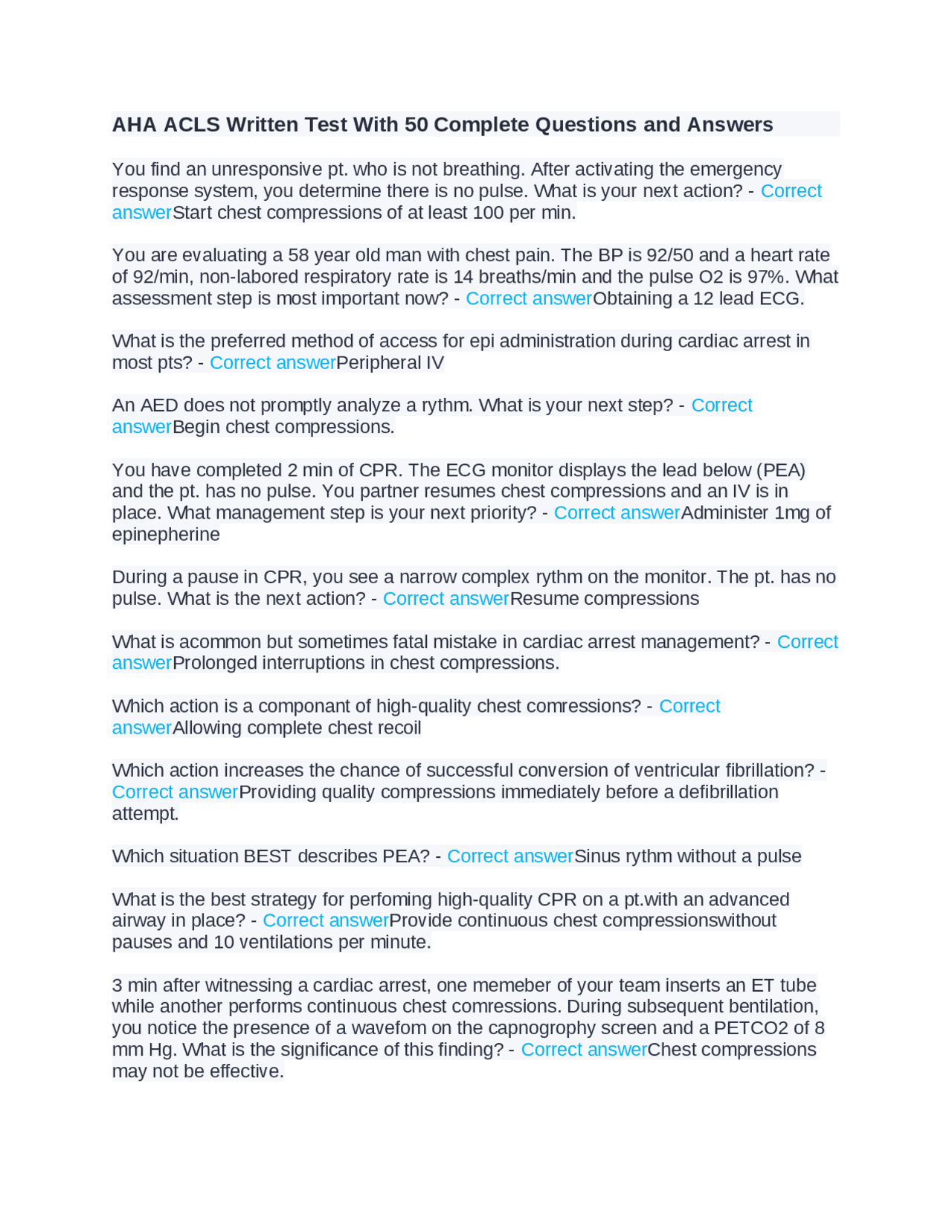 AHA ACLS Written Test With 50 Complete Questions and Answers | Exams ...