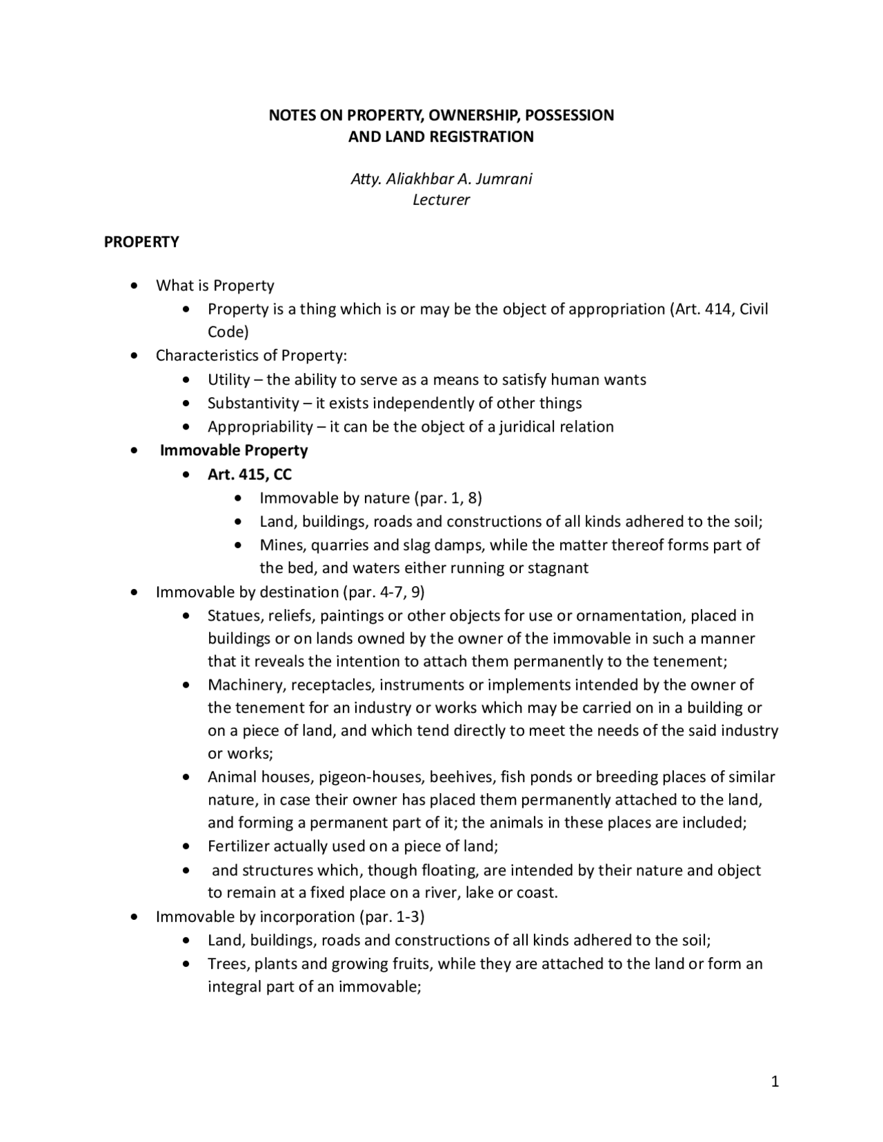 Property, Ownership, and Possession | Study notes Law | Docsity