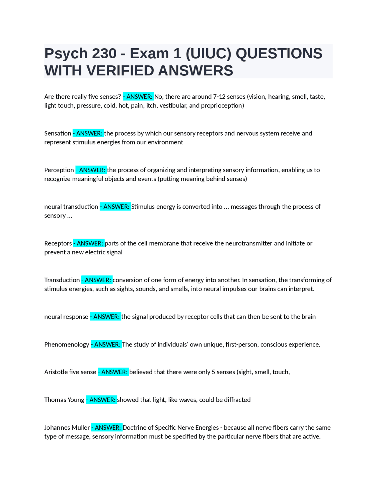 Psych 230 - Exam 1 (UIUC) QUESTIONS WITH VERIFIED ANSWERS | Exams ...