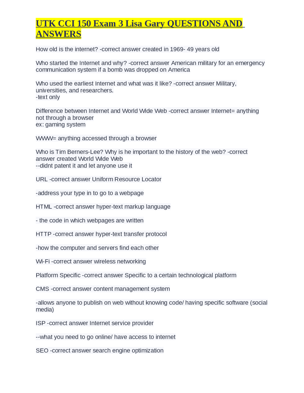 UTK CCI 150 Exam 3 Lisa Gary QUESTIONS AND ANSWERS | Exams Internet and ...