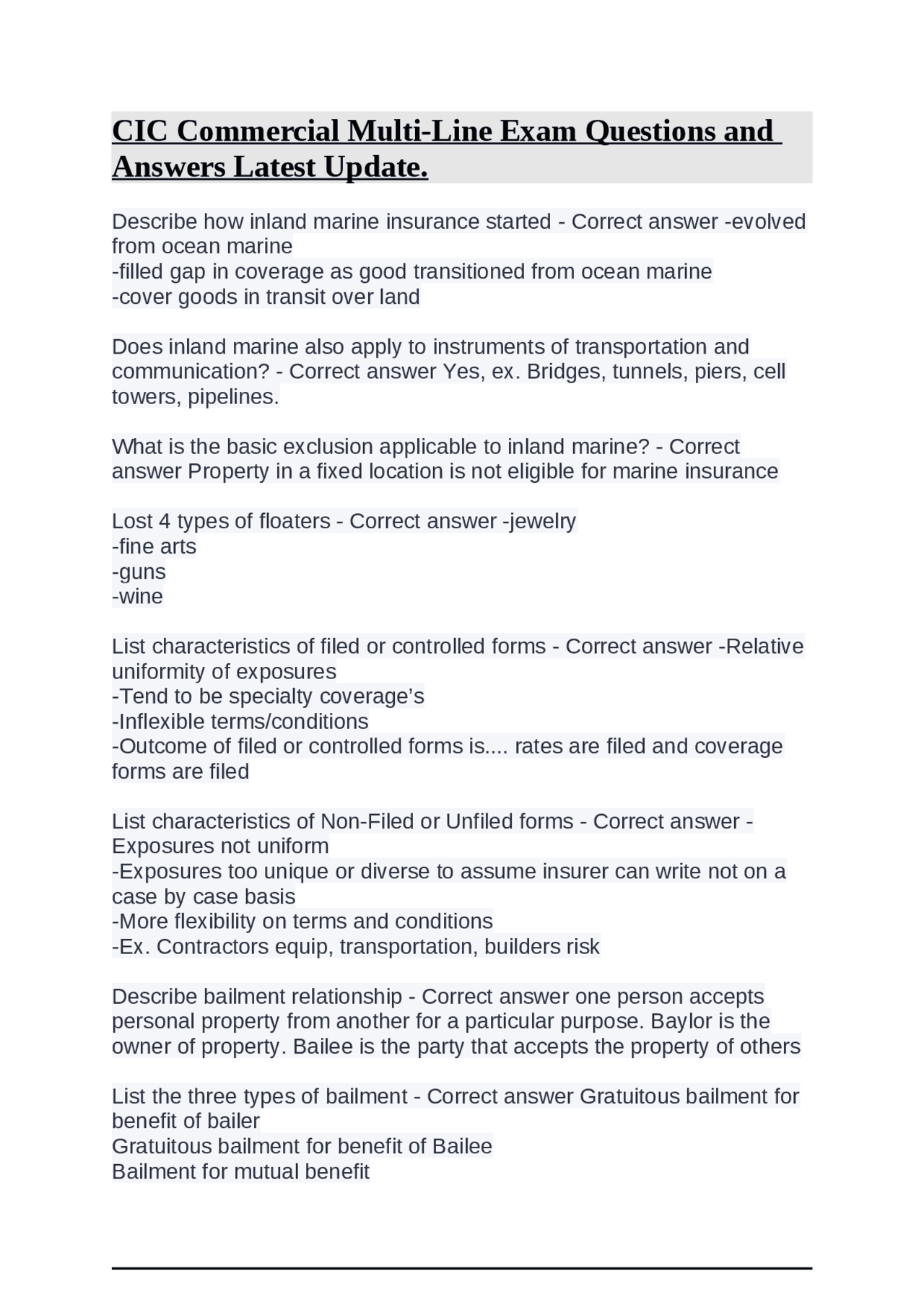 CIC Commercial Multi-Line Insurance Exam Questions and Answers | Exams ...