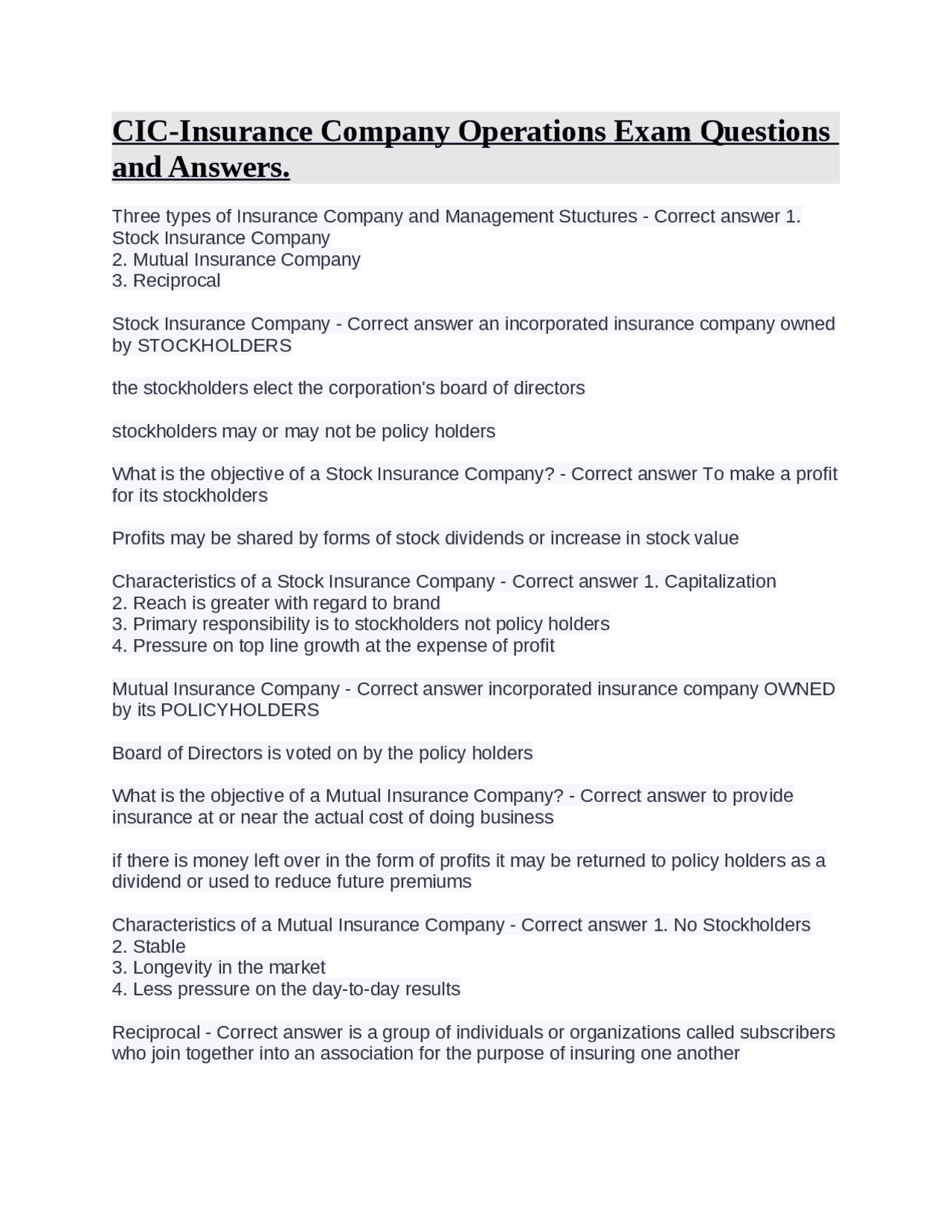 CIC-Insurance Company Operations Exam Questions and Answers. | Exams ...