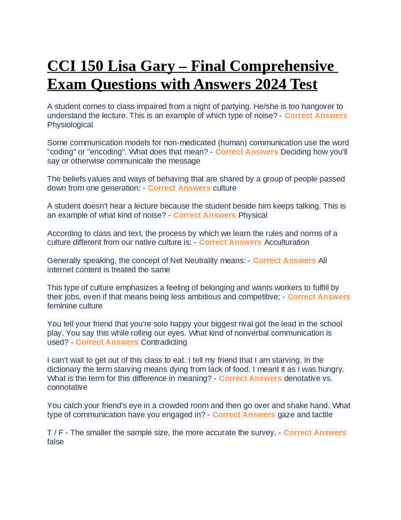 CCI 150 Lisa Gary – Final Comprehensive Exam Questions with Answers ...