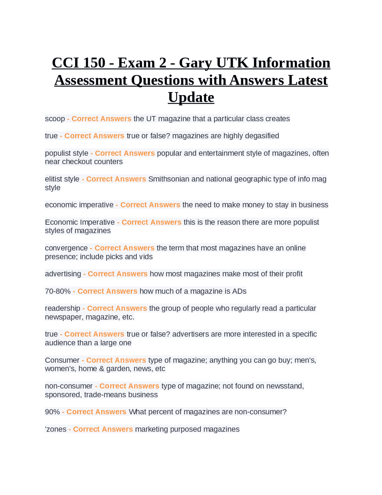 CCI 150 - Exam 2 - Gary UTK Information Assessment Questions with ...