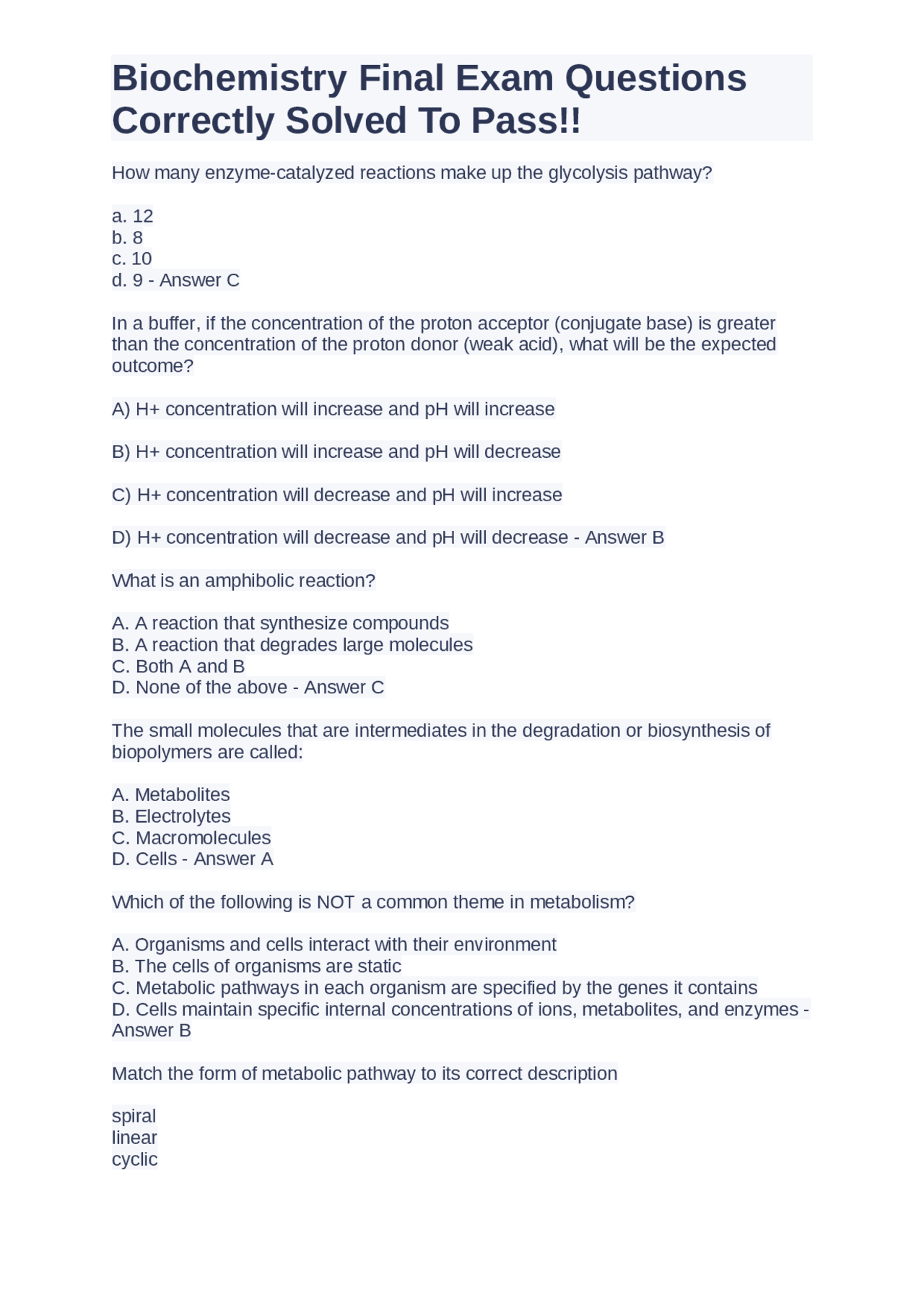Biochem Final Exam: Enzymes, Metabolic Pathways & Reactions | Exams ...