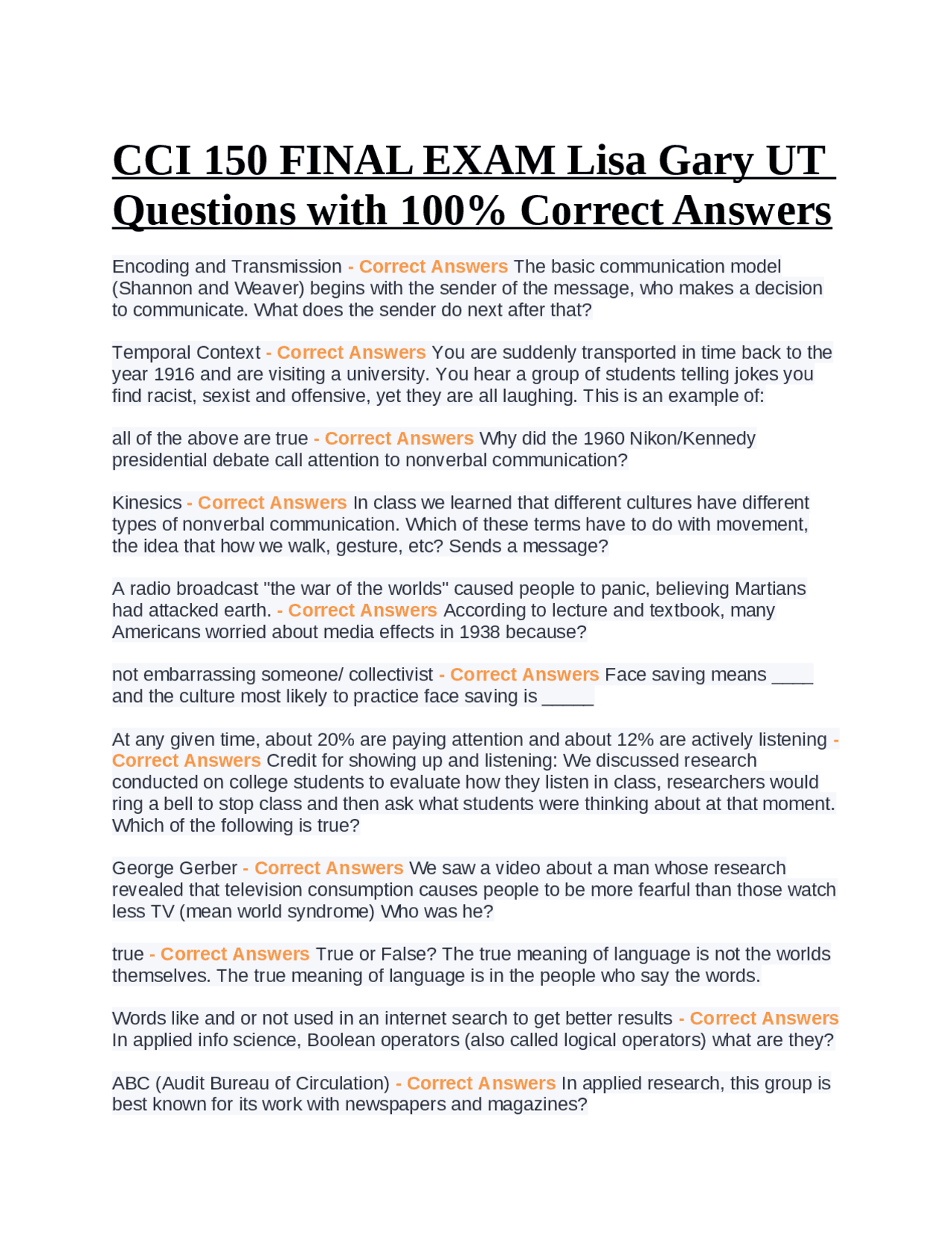 CCI 150 FINAL EXAM Lisa Gary UT Questions with 100% Correct Answers ...