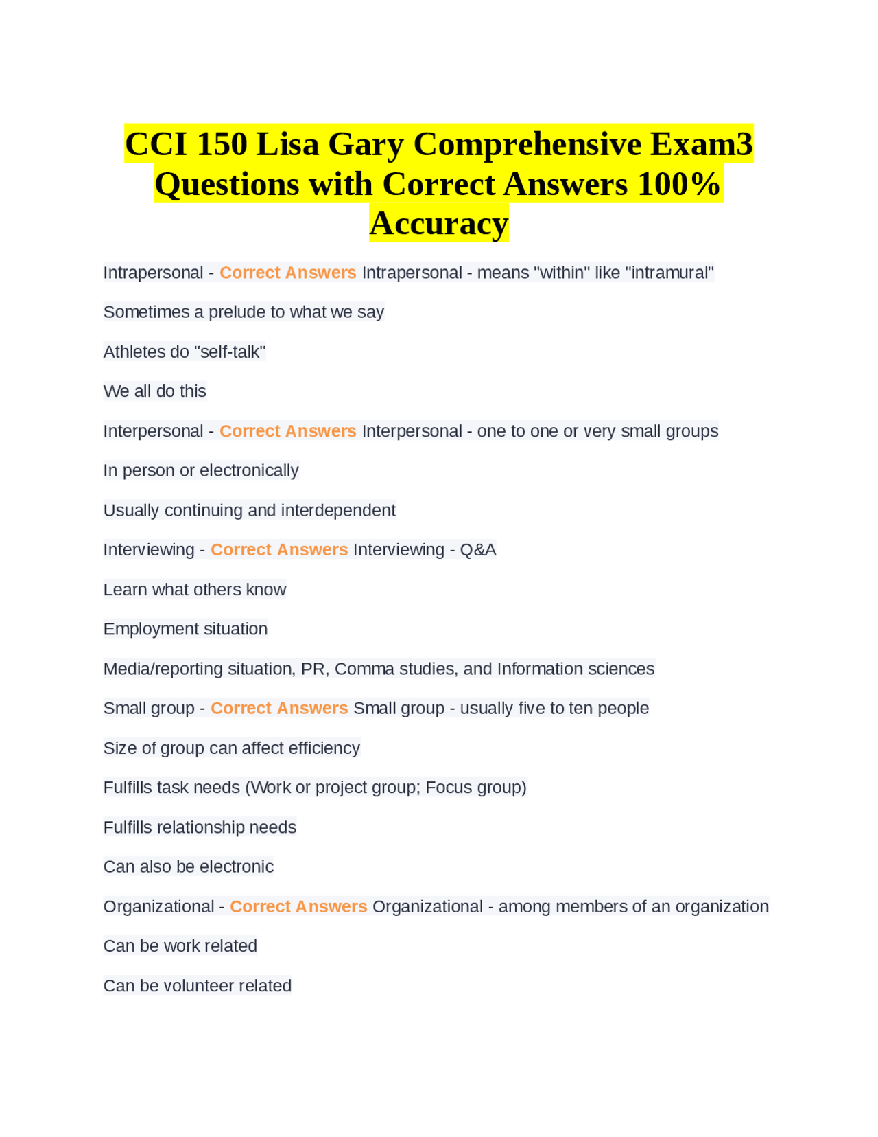 CCI 150 Lisa Gary Comprehensive Exam3 Questions with Correct Answers ...