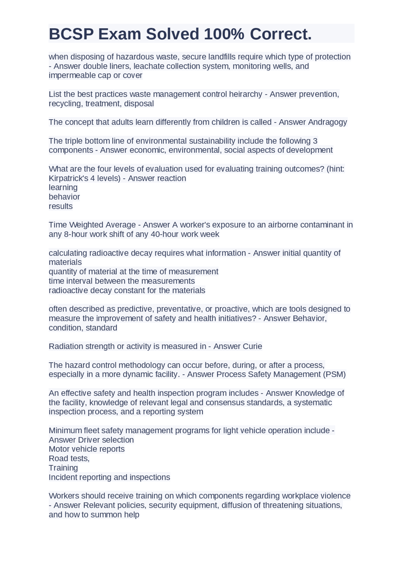 BCSP Exam Solved 100% Correct.. | Exams Nursing | Docsity