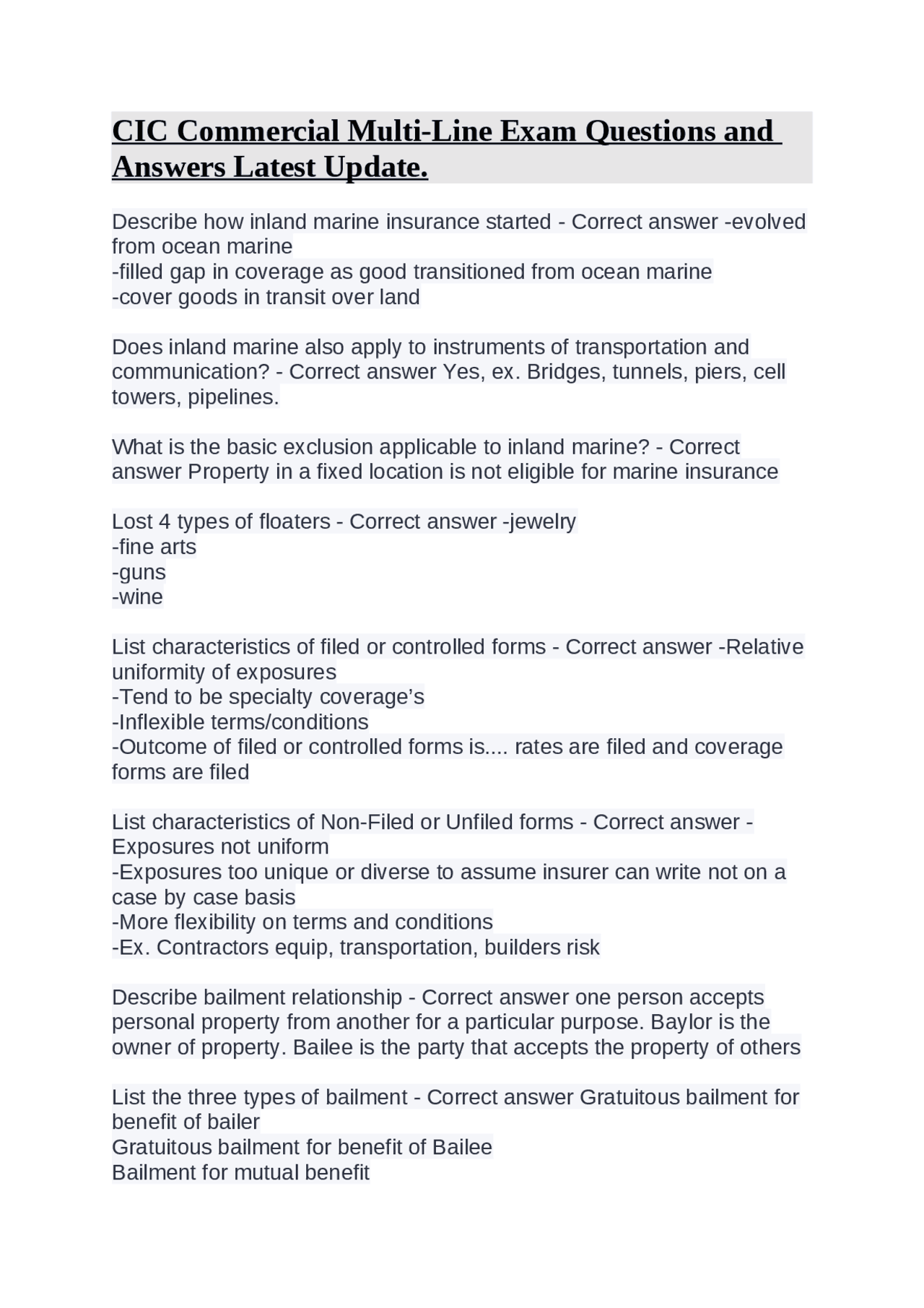 CIC Commercial Multi-Line Insurance Exam Questions and Answers | Exams ...