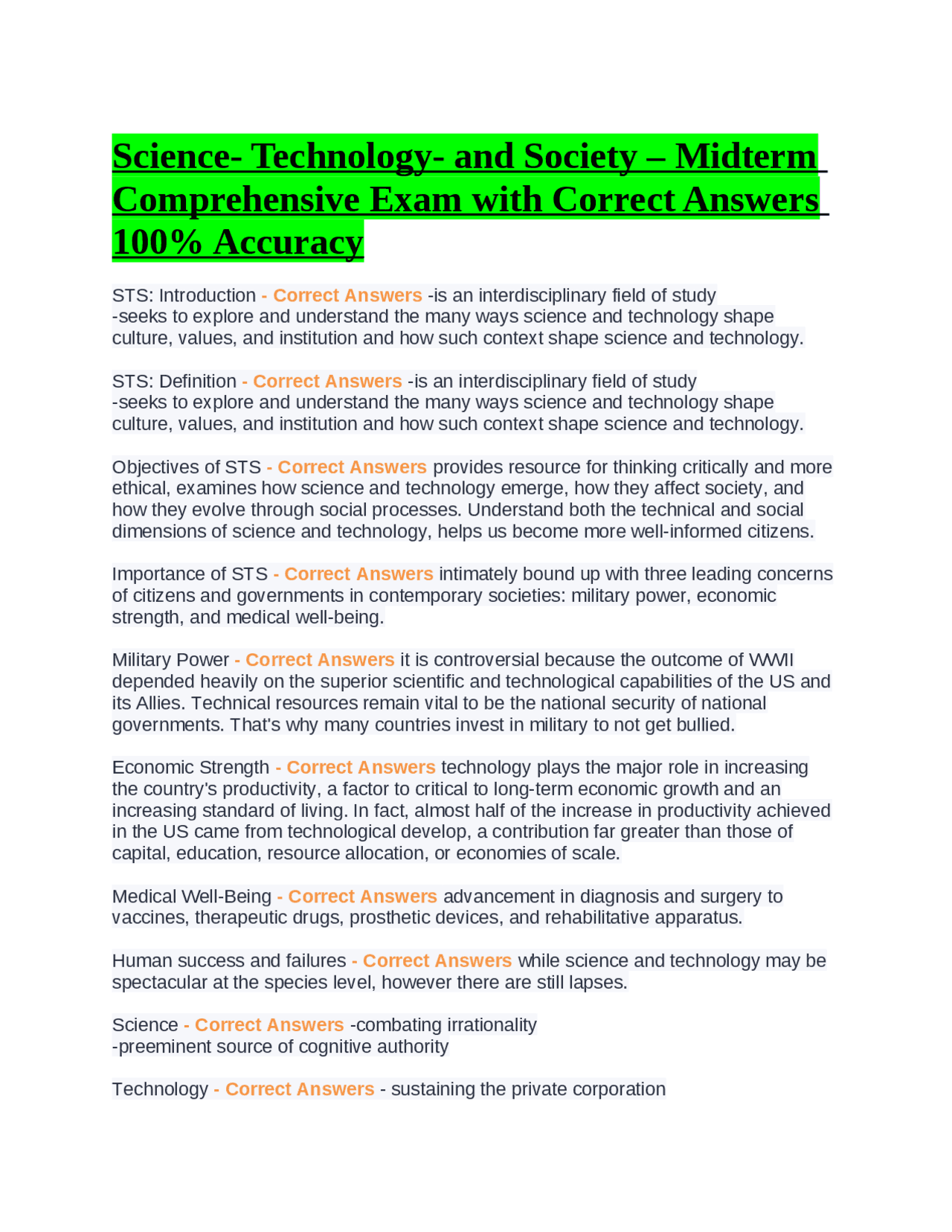 Science- Technology- and Society – Midterm Comprehensive Exam with Correct Answers 100% Ac ...