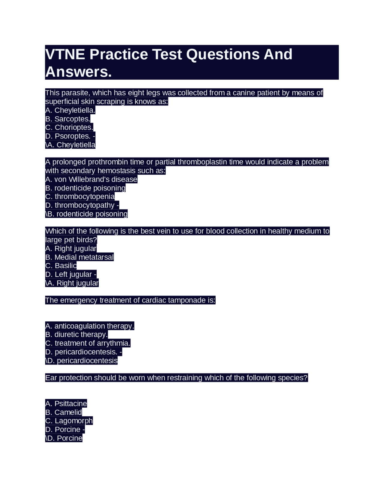 VTNE Practice Test Questions And Answers. | Exams Medicine | Docsity