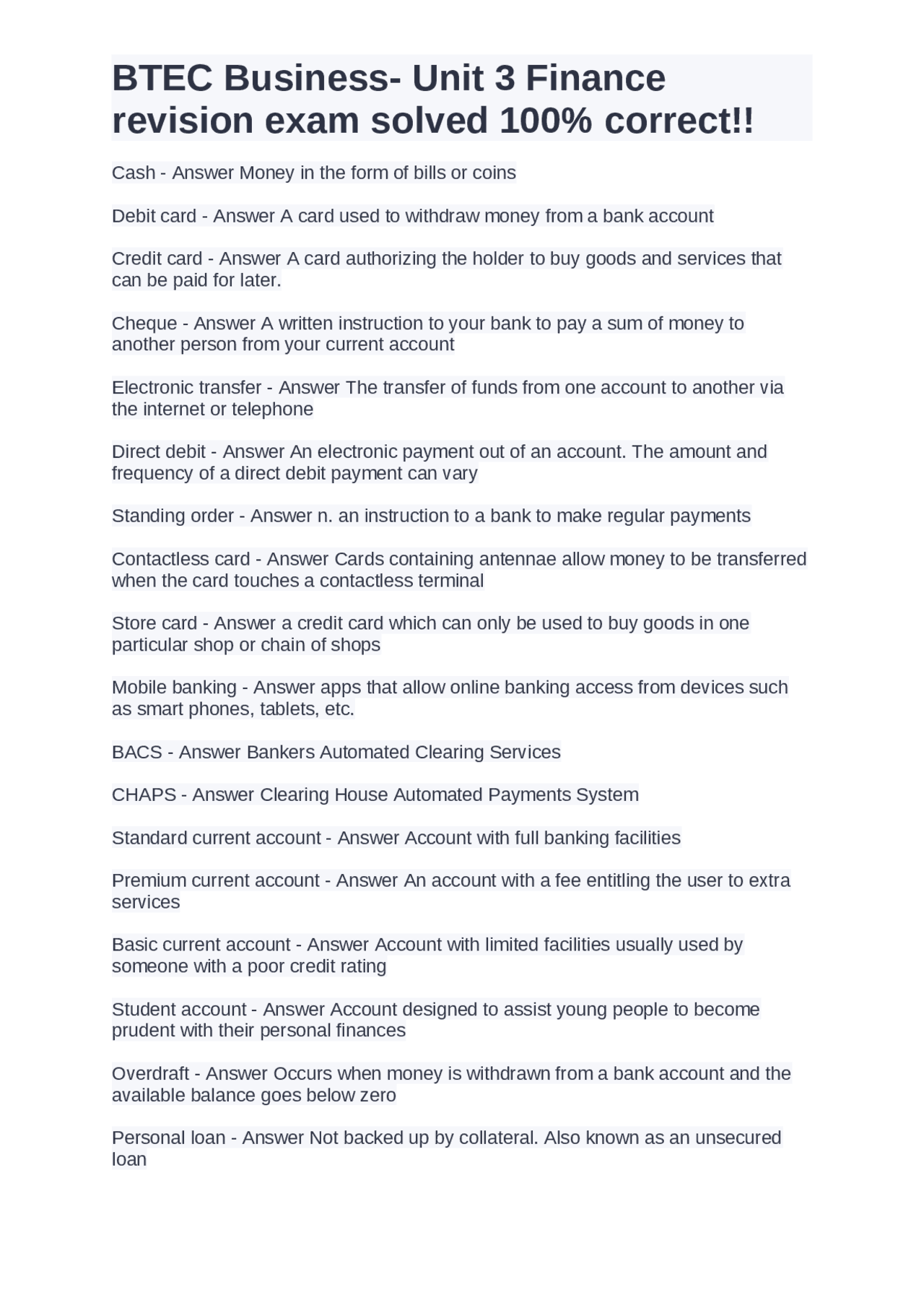 BTEC Business- Unit 3 Finance revision exam solved 100% correct ...