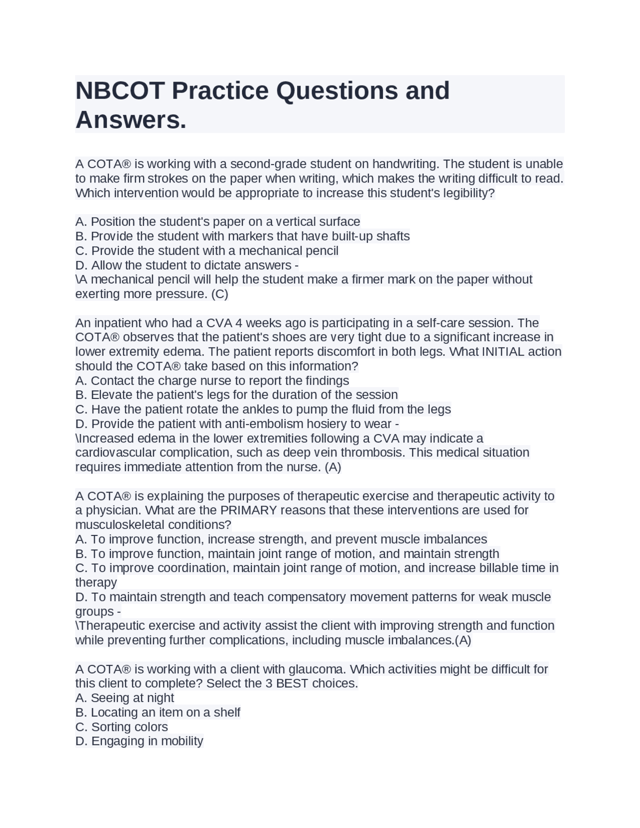 NBCOT Practice Questions and Answers. | Exams Medicine | Docsity